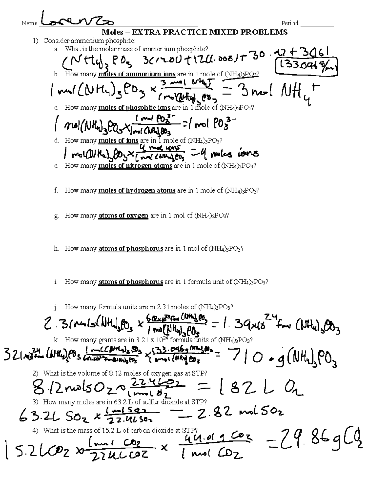 Moles Review Extra Practice Problems 24-25 for Chemistry - Studocu