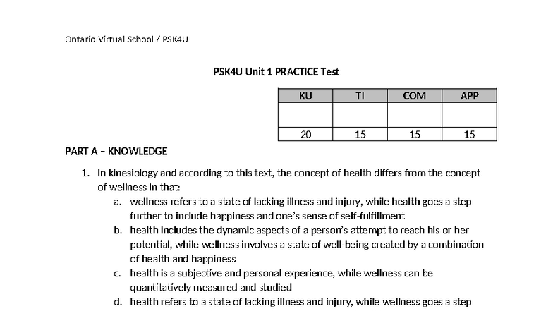 PSK4U Unit 1 Kinesiology Practice Test and Study Guide - Studocu
