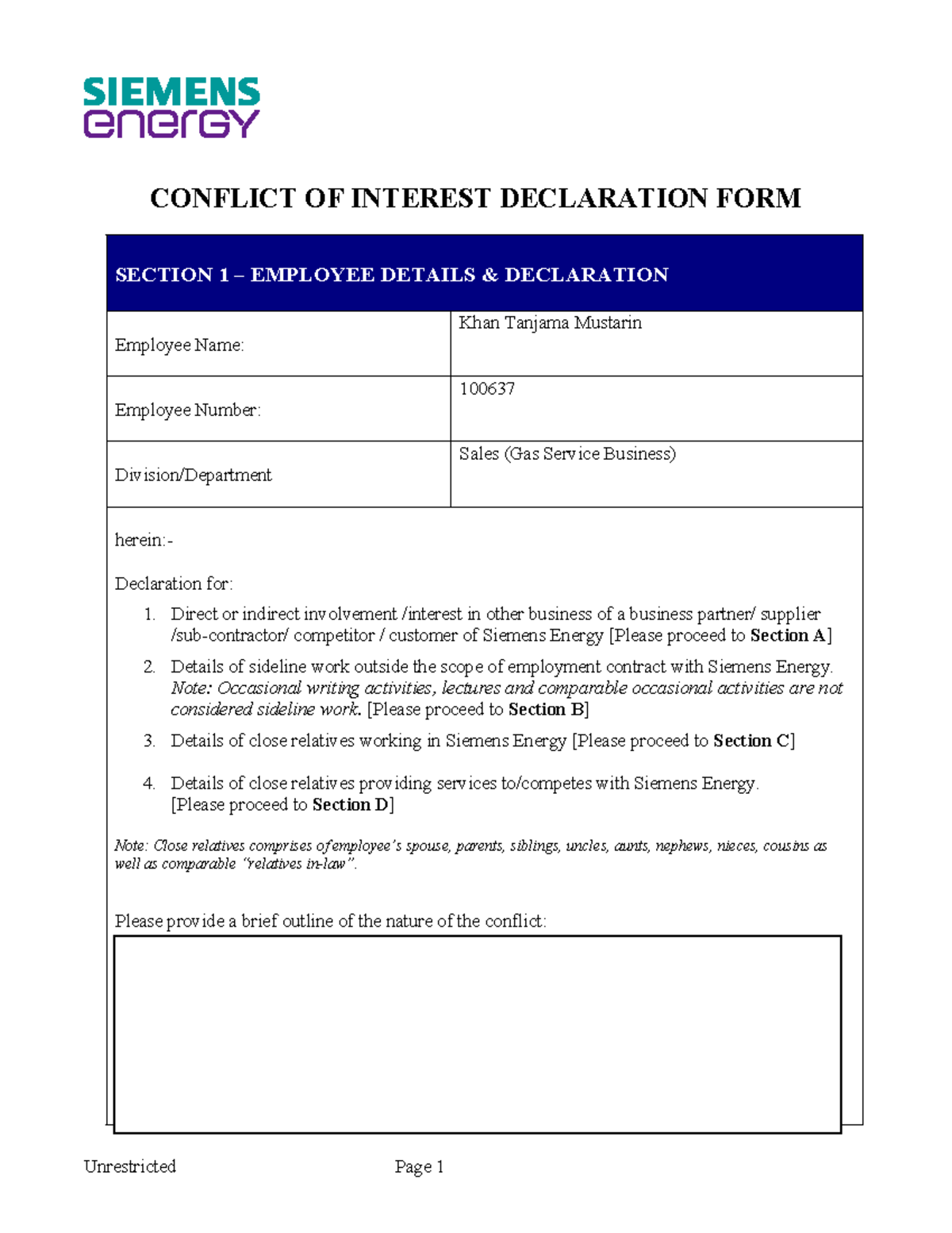 SE BCG Conflict of Interest Declaration Form R1 - Employee Details ...
