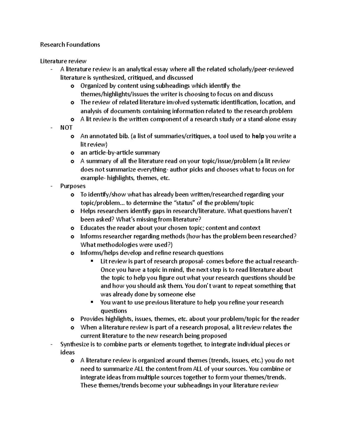 Research Foundations - The entire corse summarized in note form. Each ...