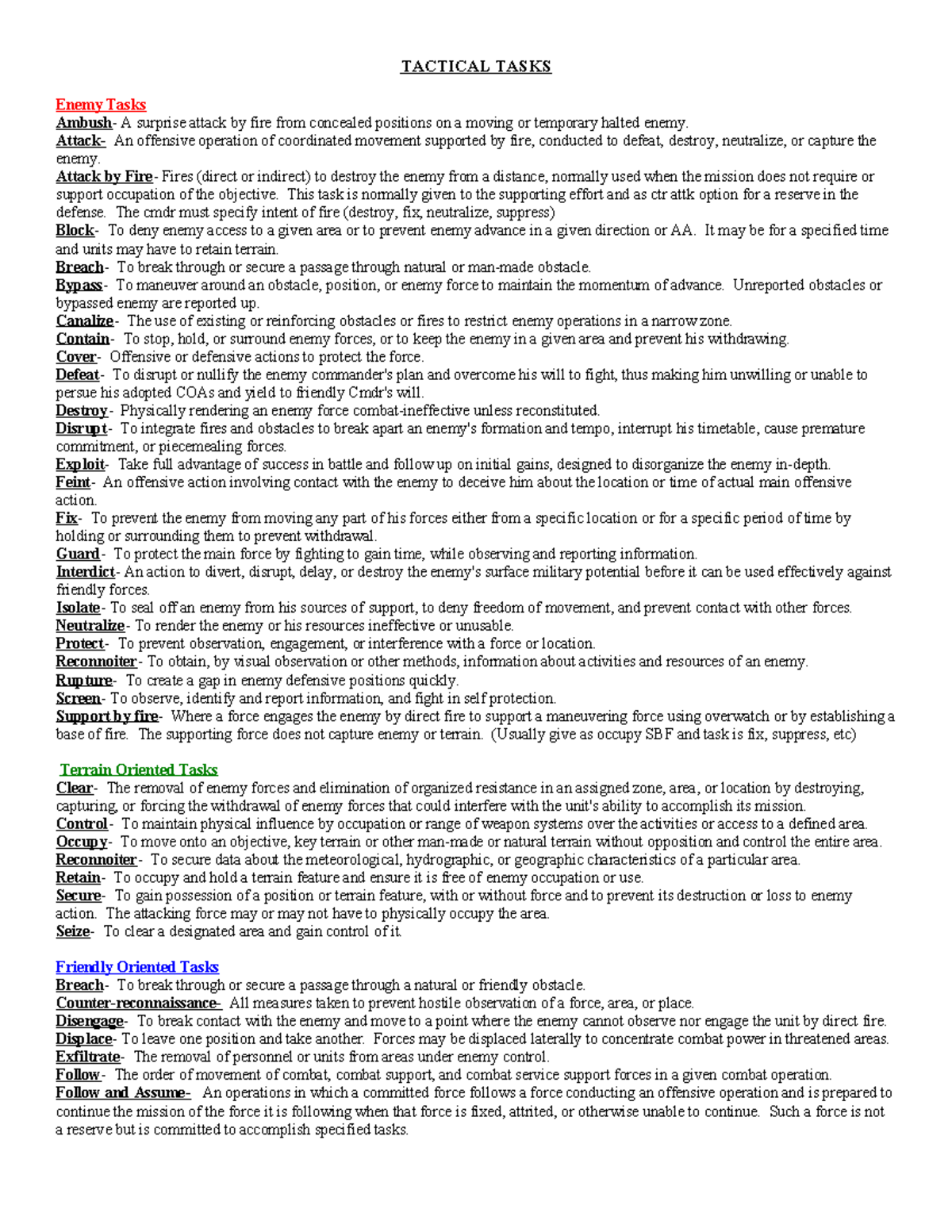 TACTICAL TASKS: Enemy Operations and Maneuvers Overview - Studocu