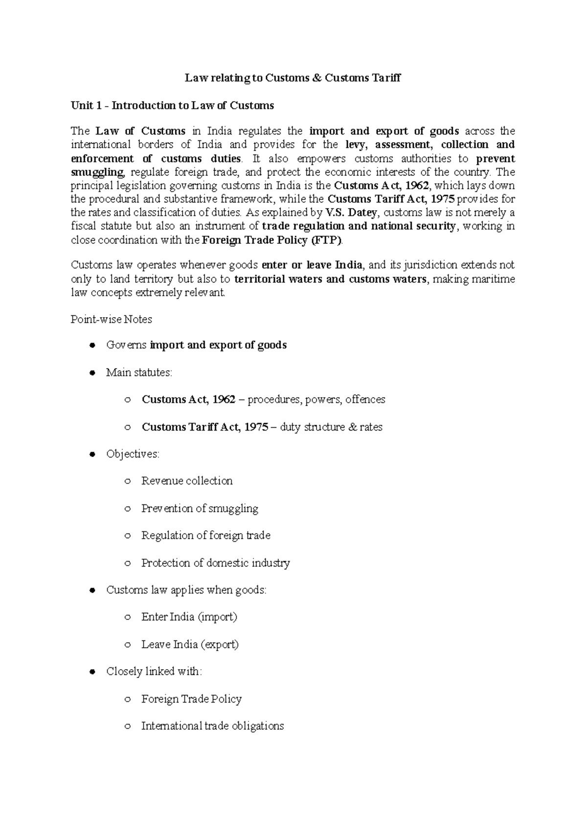 Law Relating to Customs & Customs Tariff: Unit 1 Overview - Studocu