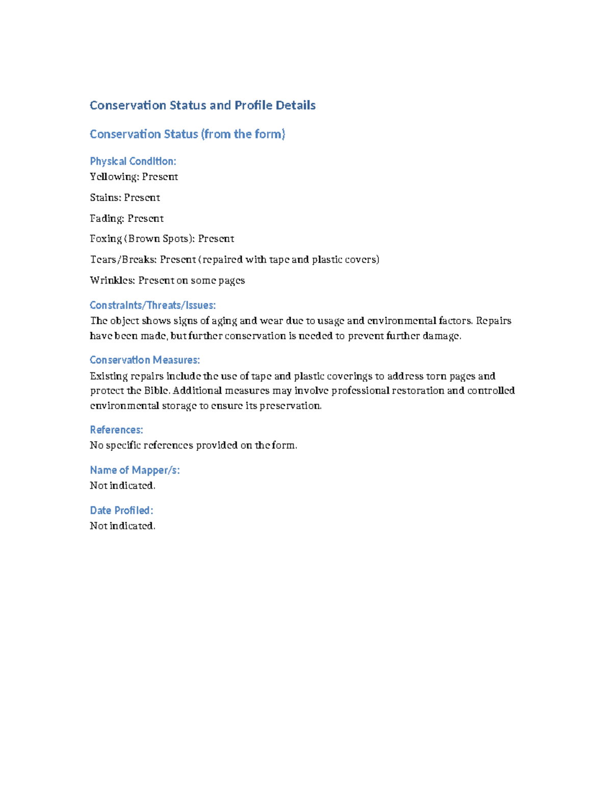 Conservation Status and Profile Details - Conservation Status and ...