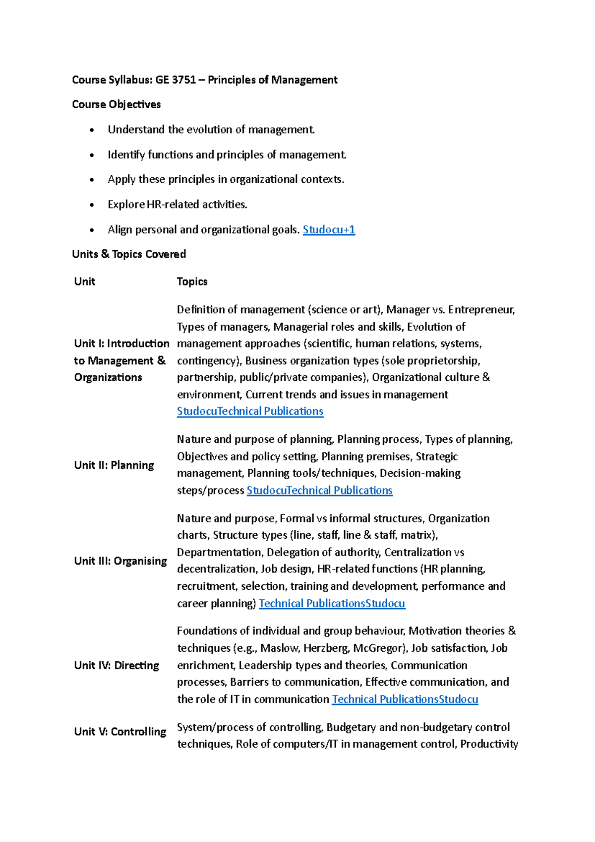 GE 3751 Principles of Management: Course Syllabus & Key Points - Studocu