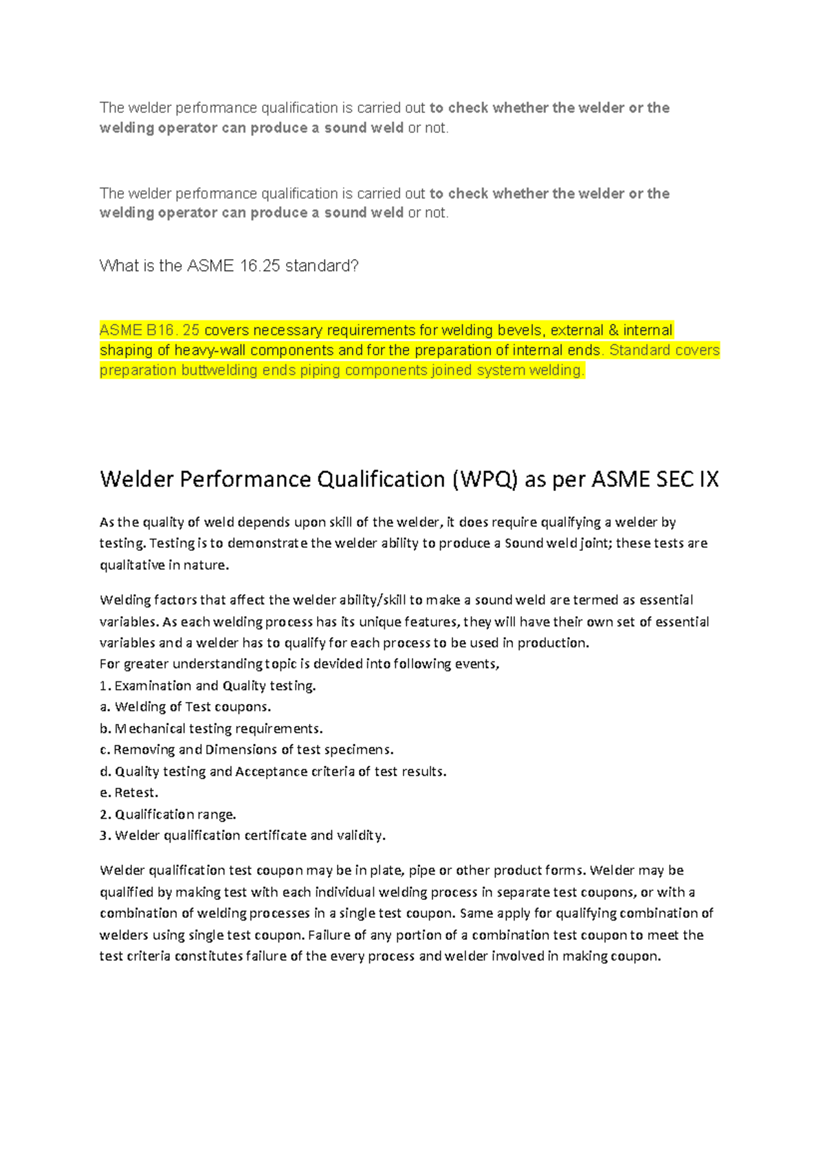 Welder Qualification Guide: ASME B16.25 & SEC IX Overview - Studocu