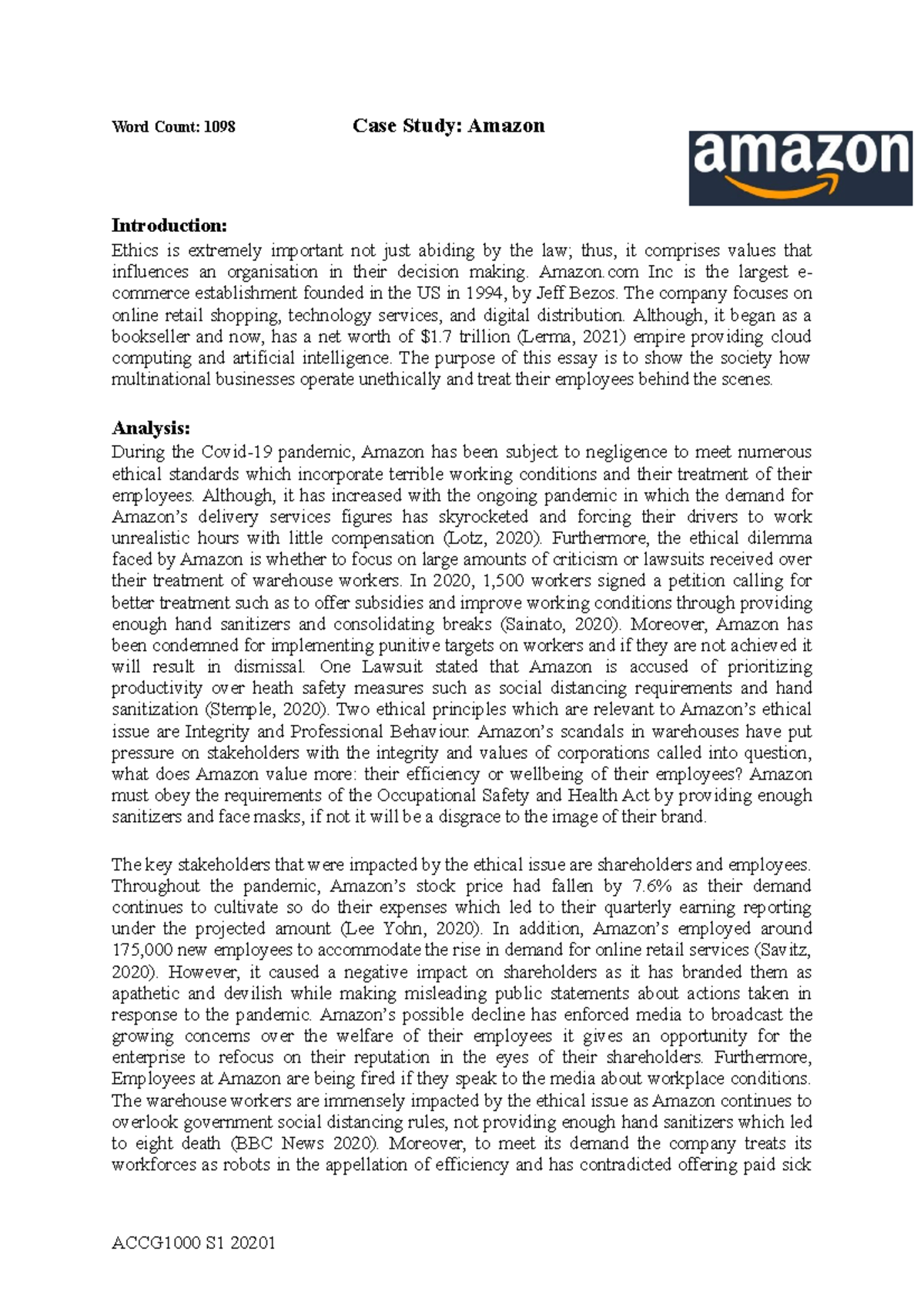 Case Study for Ethics: Amazon Limited - Word Count: 1098 Case Study ...