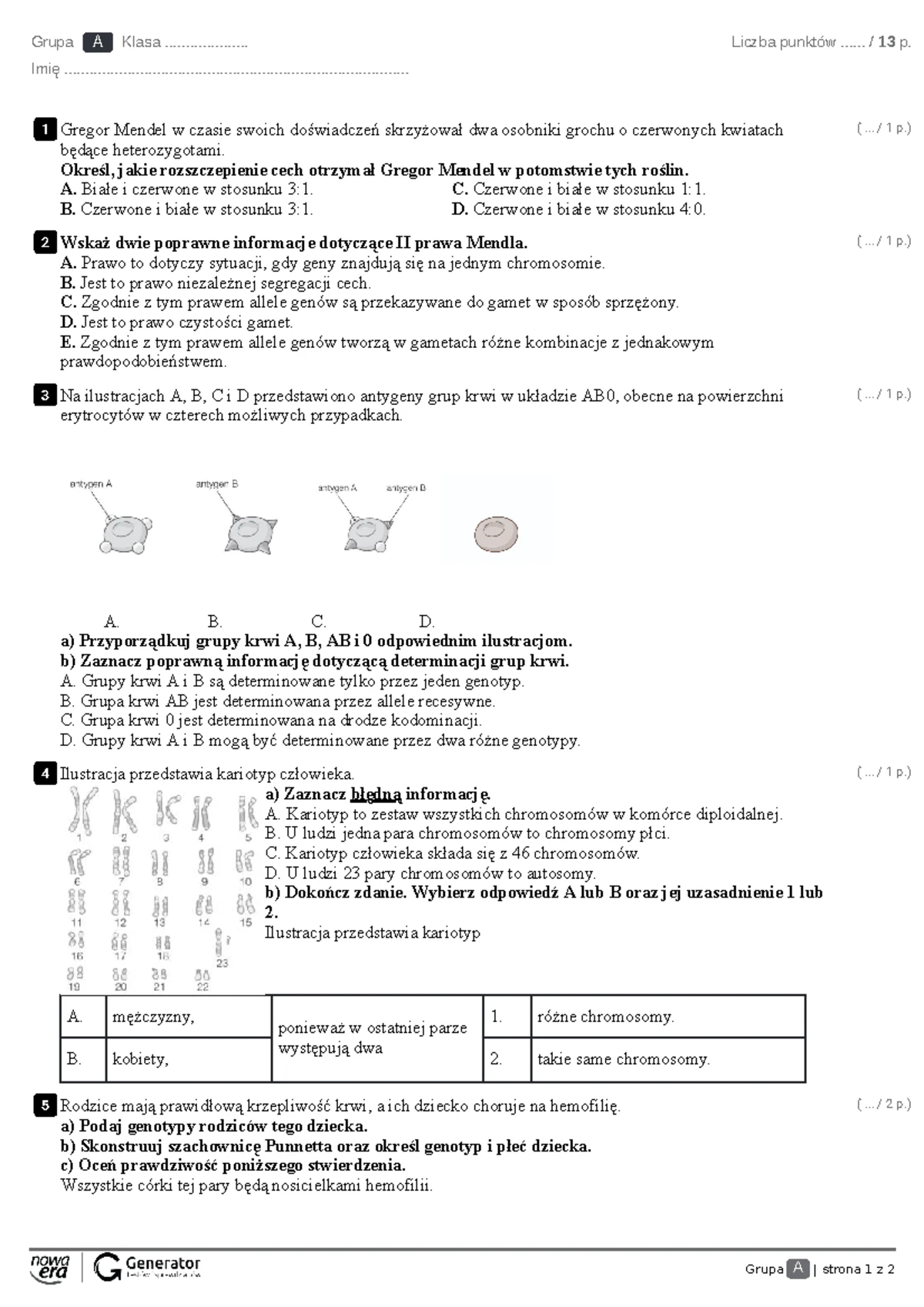 Test - Genetyka klasyczna Klucz odpowiedzi - strona 1 z 2 Klucz ...