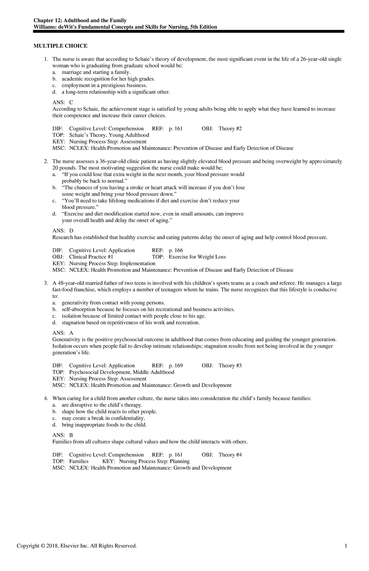 Exam View - Chapter 12 - Adulthood and Family Dynamics in Nursing - Studocu