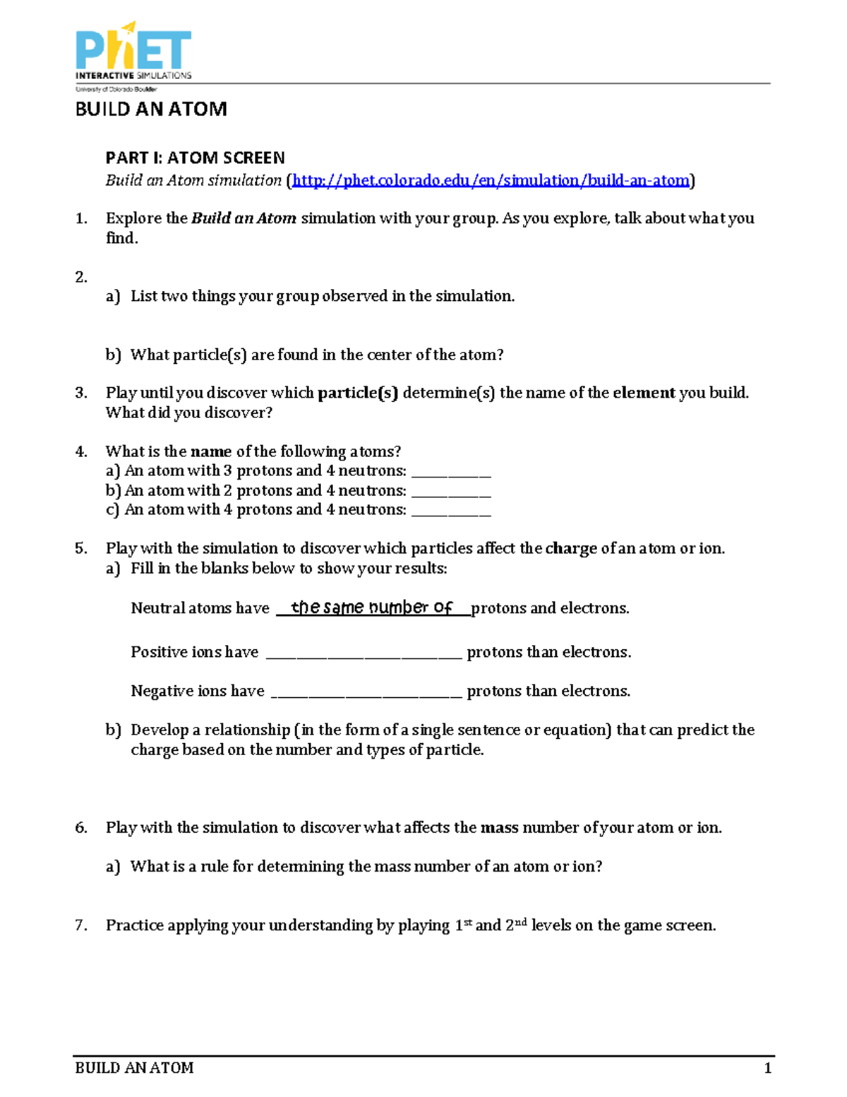 Build An Atom Guided Inquiry: Student Handout for Learning Atoms - Studocu
