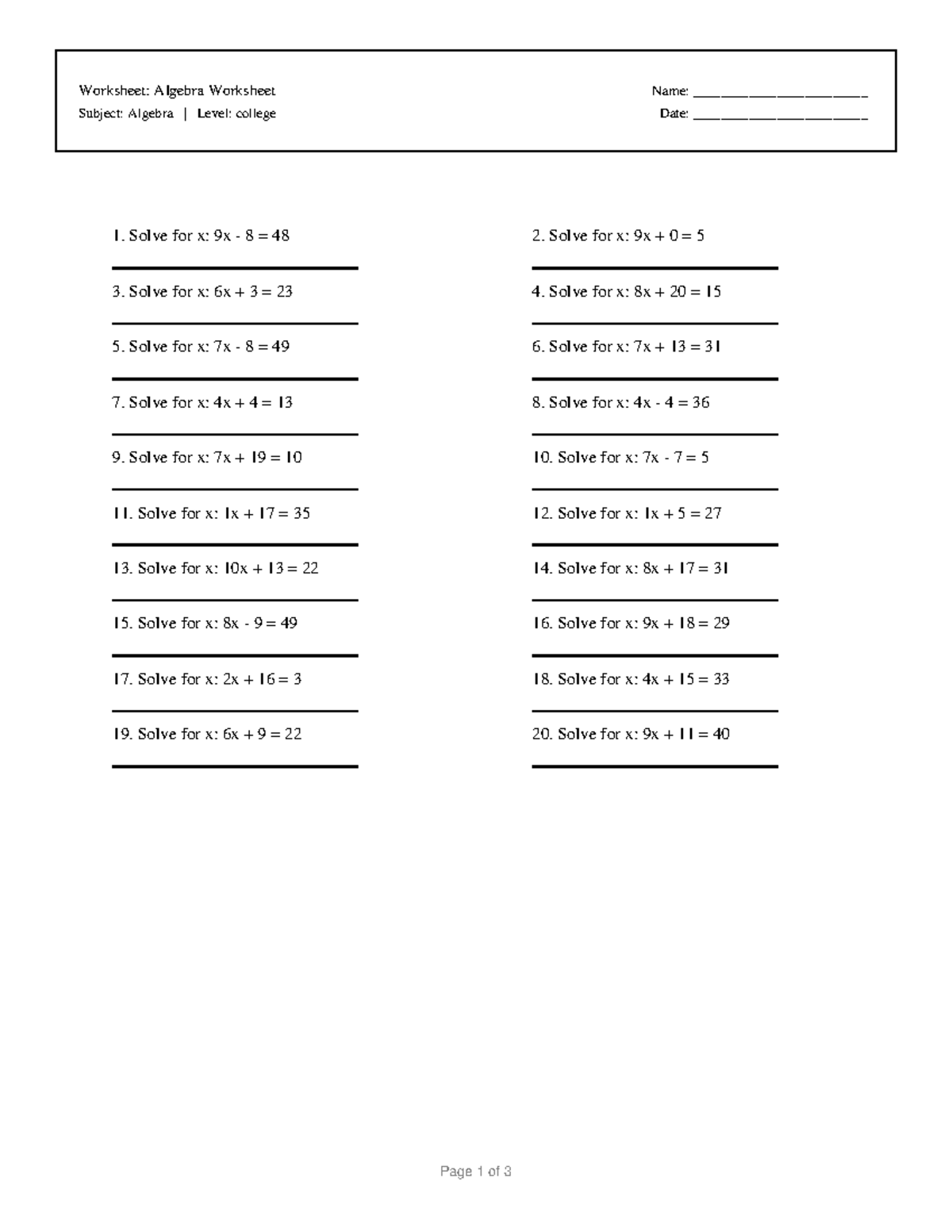 Algebra Worksheet 9: Problem Set & Answer Key for College - Studocu