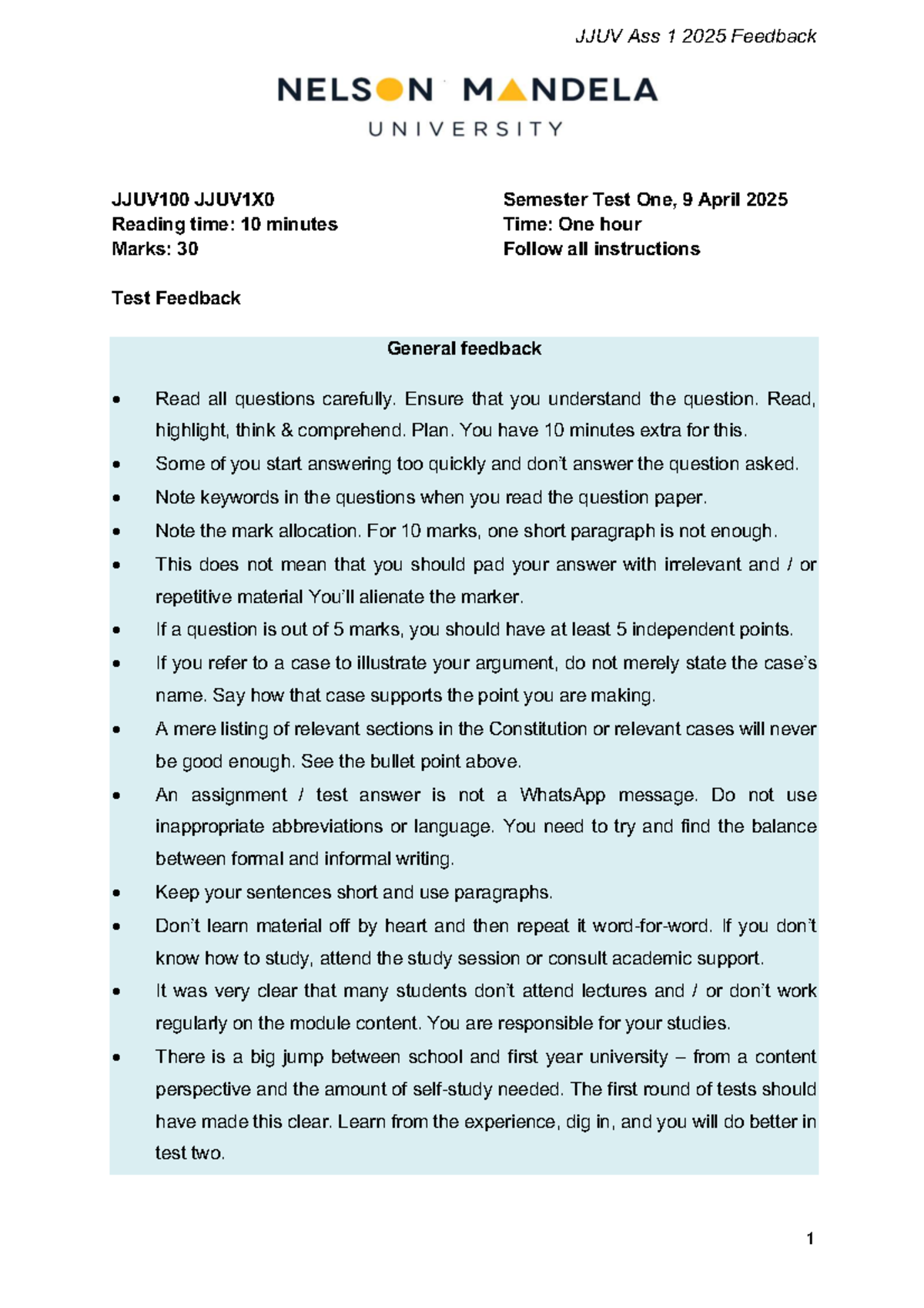 2025 JJUV100 Test 1 Student Feedback & Improvement Tips - Studocu