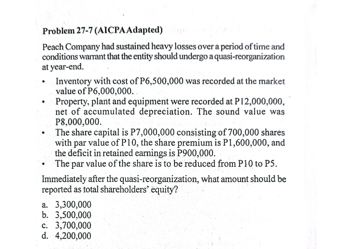 Quasi-Reorg Analysis: Peach Company Equity Reporting (AICPA) - Studocu