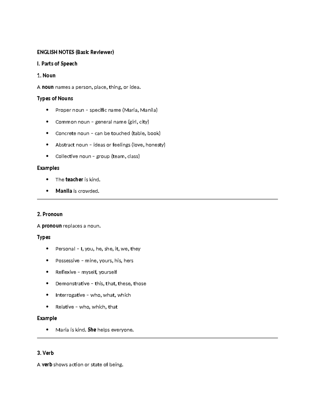 ENGLISH 101: Basic Parts of Speech & Sentence Structure Notes - Studocu