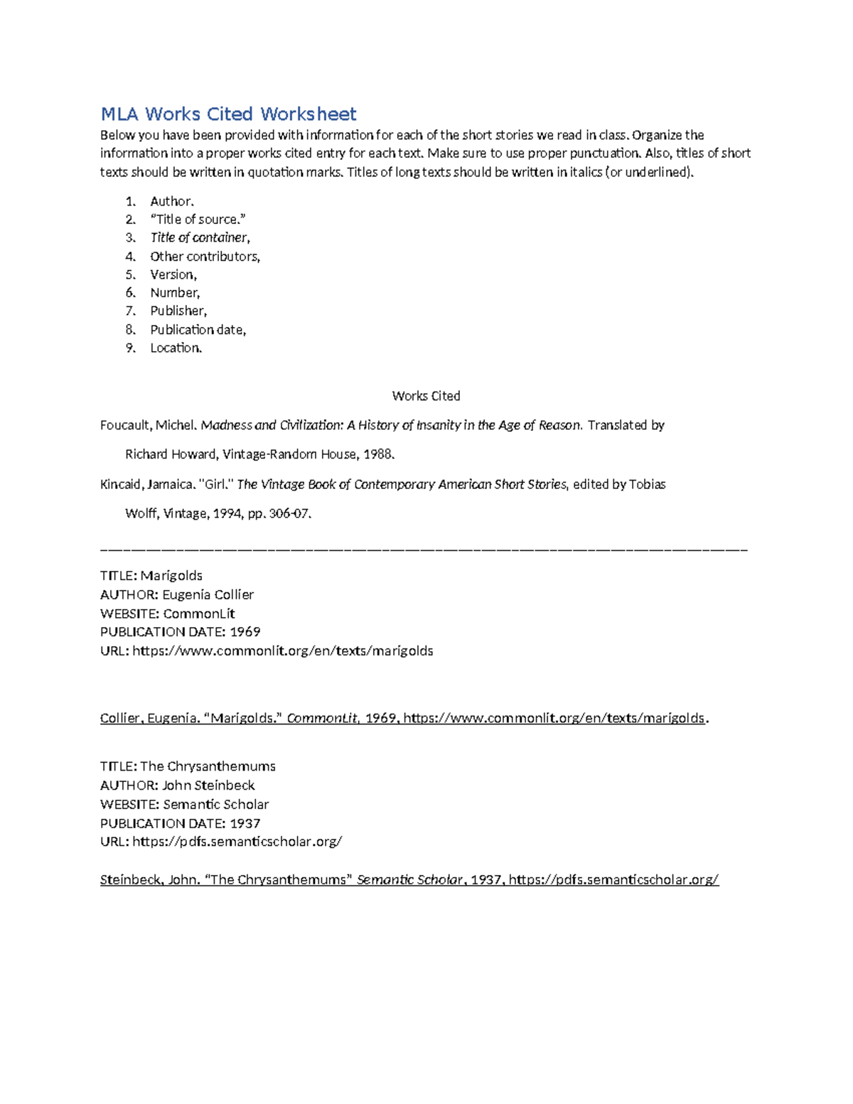 ENG1D MLA Works Cited Handout for Short Stories - Studocu