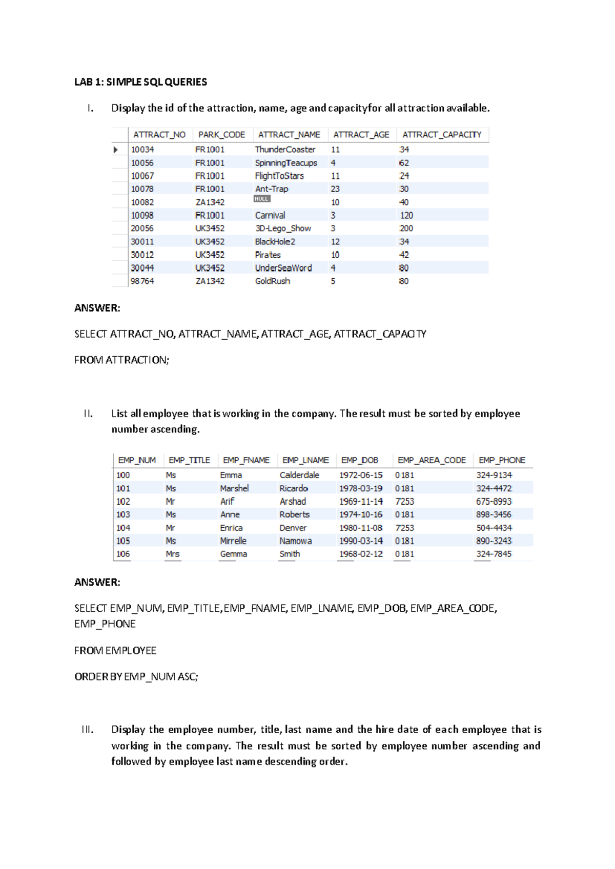LAB 1: Simple SQL Queries - Employee and Attraction Data Analysis - Studocu
