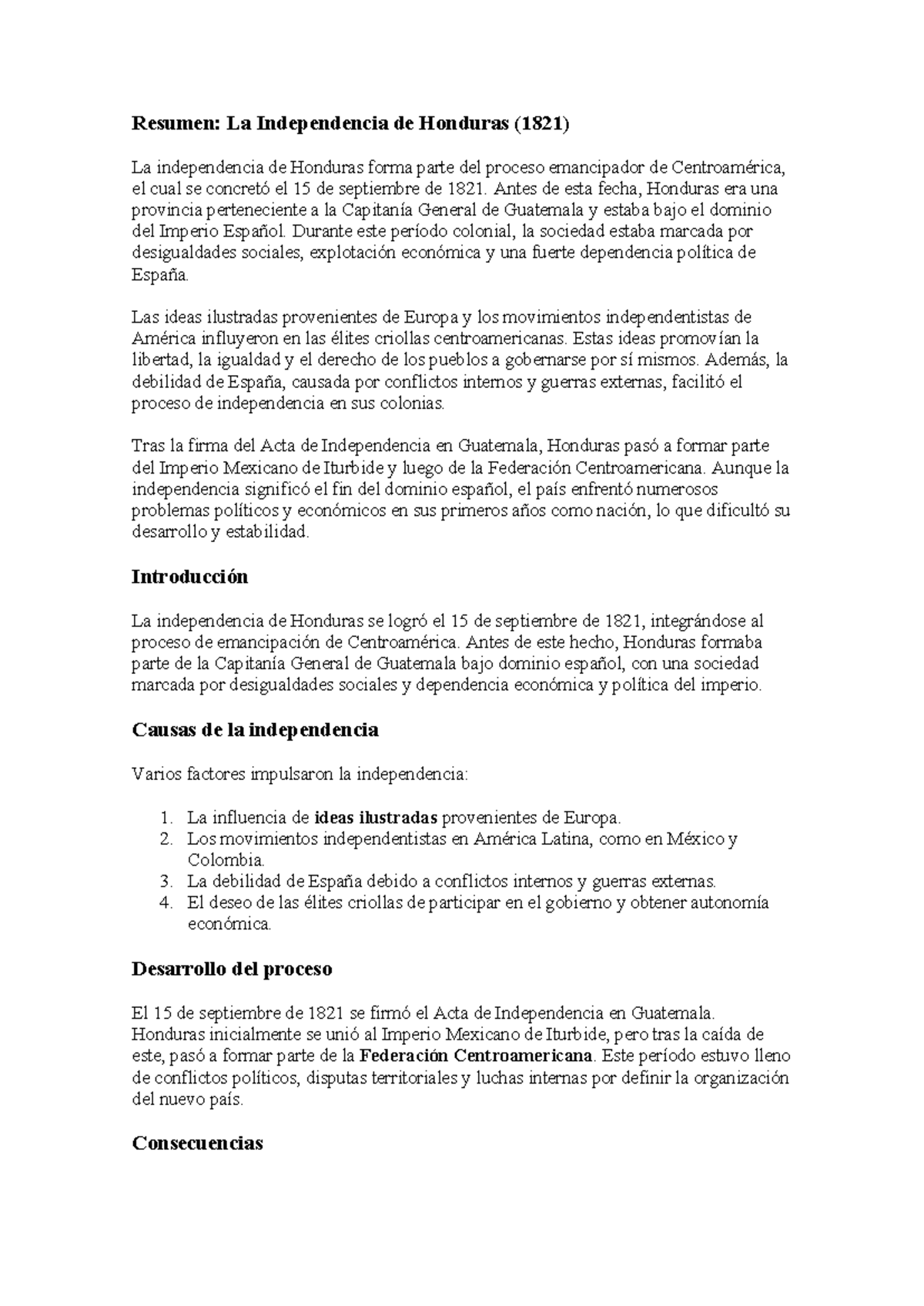 Resumen: La Independencia de Honduras (1821) y su Contexto Histórico ...