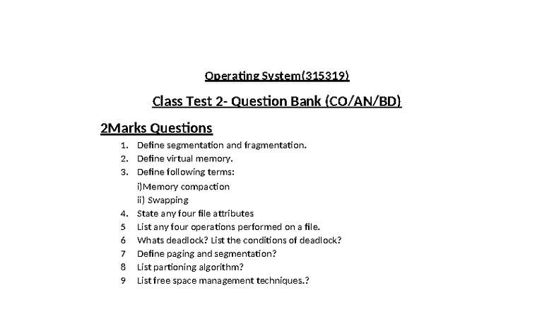 Operating System (315319) Unit Test 2 Question Bank & Solutions - Studocu