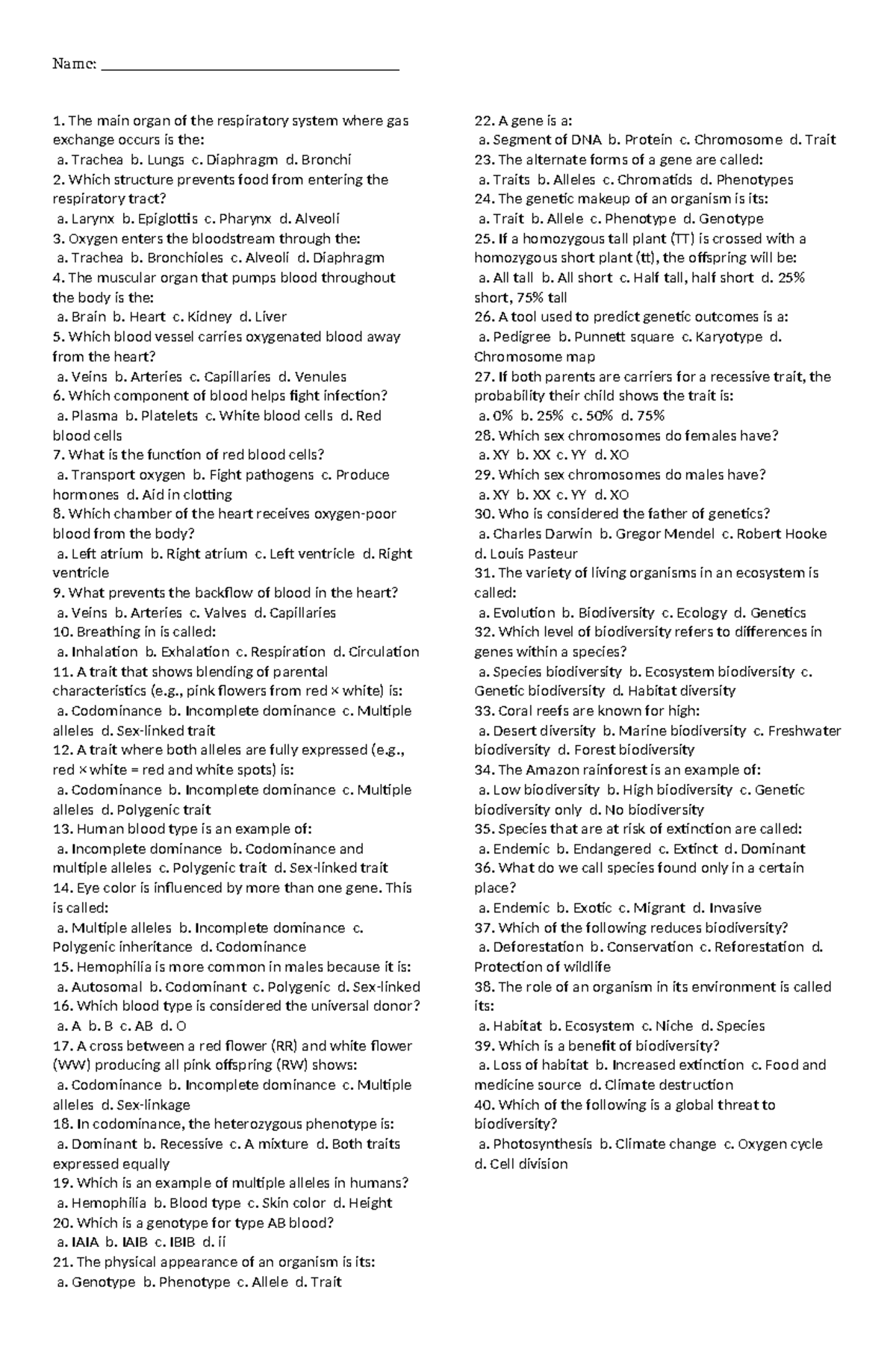 Science 9 Q1 Exam - Respiratory & Genetic Concepts Notes - Studocu