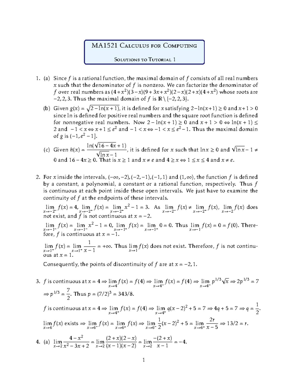 MA1521 Calculus for Computing: Solutions to Tutorial 1 - Studocu