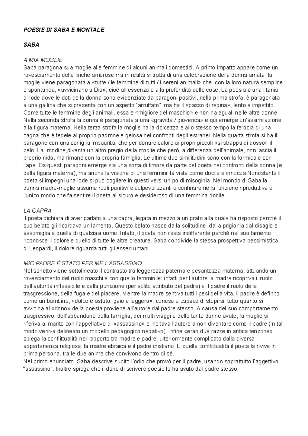 Poesie di Saba e Montale: Analisi e Riflessioni - Studocu