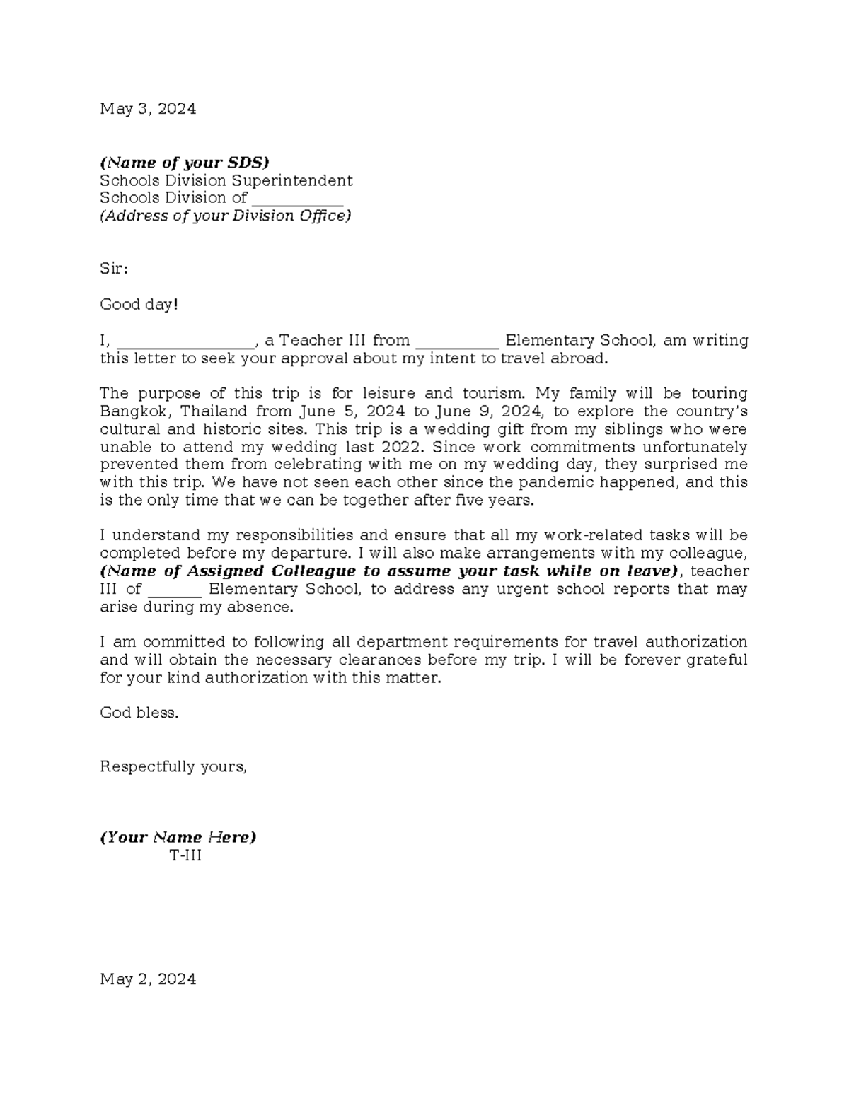 Letter of Intent for Travel Abroad - Teacher III Approval Request - Studocu