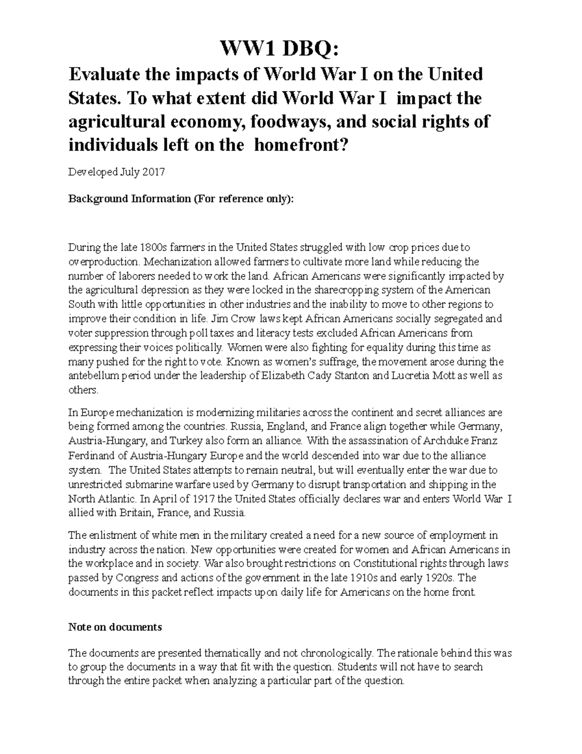 DBQ Analysis: Impacts of WWI on US Homefront - Agricultural & Social ...
