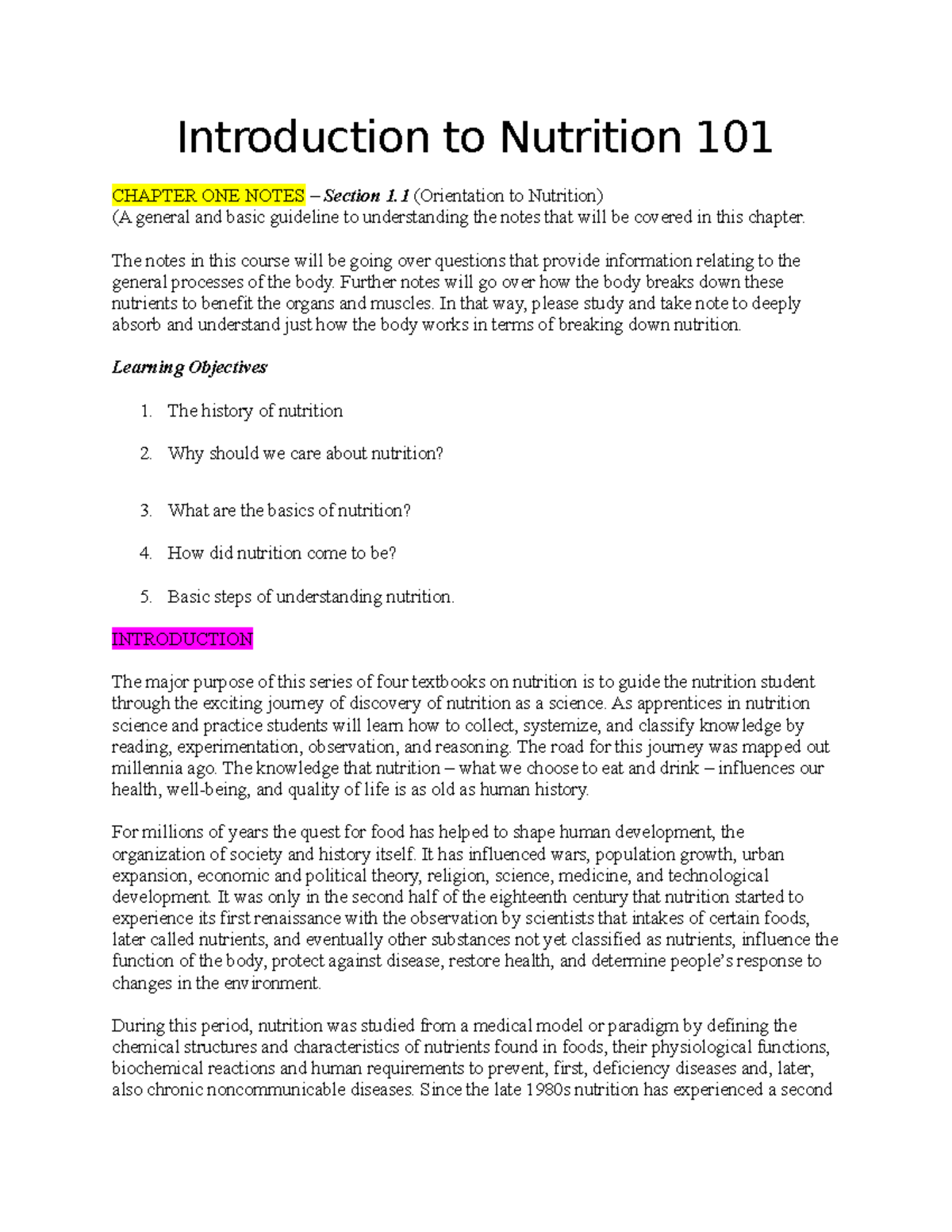 Nutrition 101: Key Concepts and Historical Overview Notes - Studocu