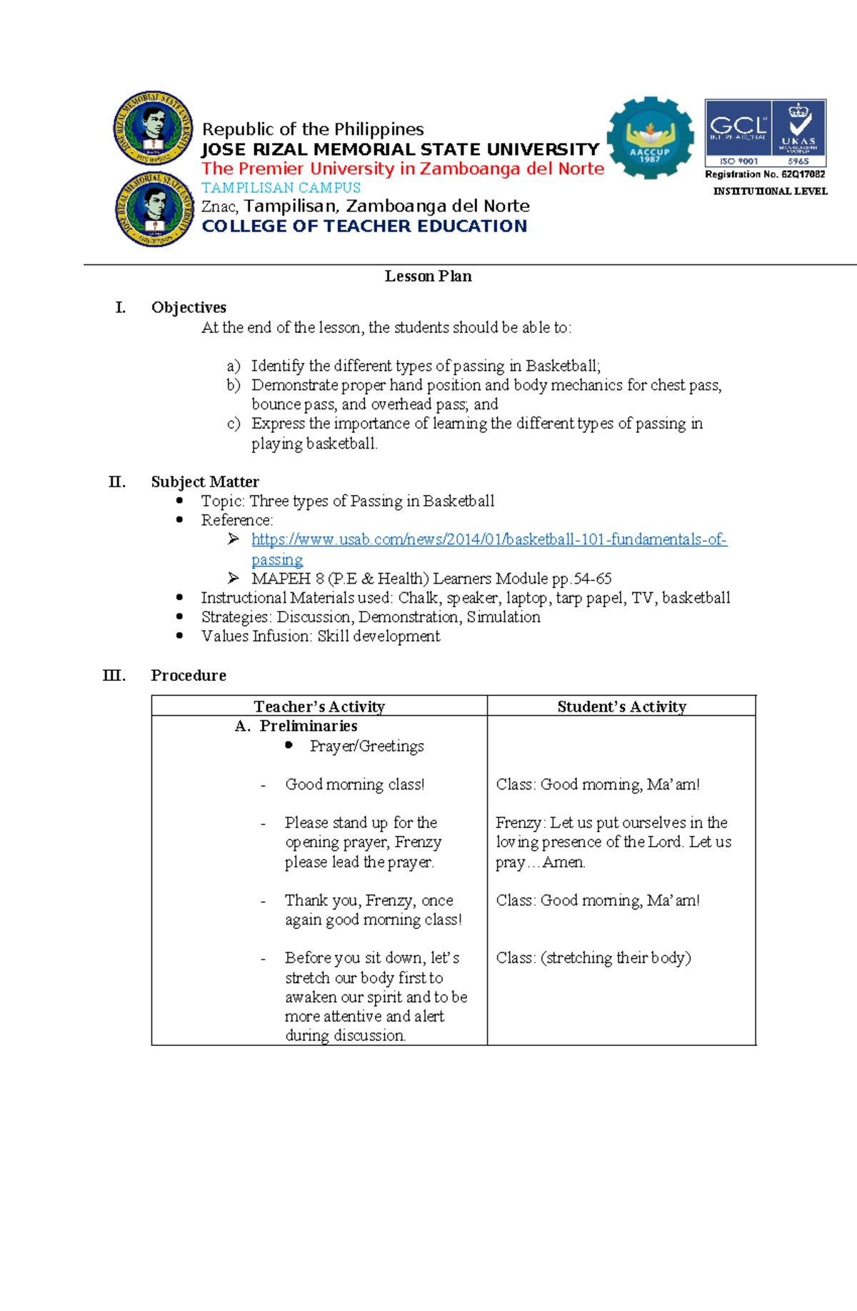 PE 8 Lesson Plan: Mastering Basketball Passing Techniques - Studocu