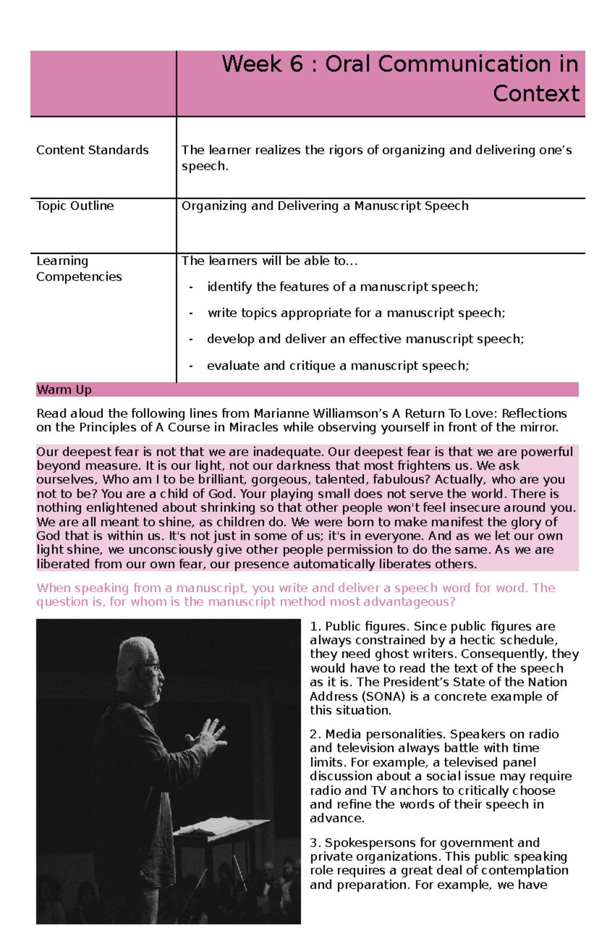 Oral Communication, Week 6: Organizing and Delivering Manuscript ...