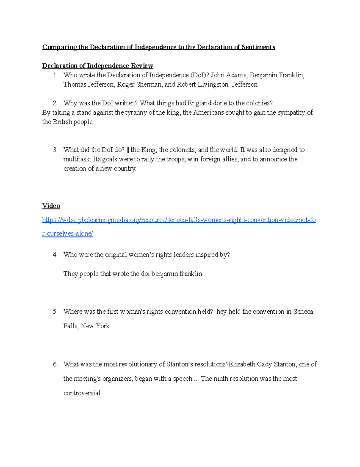 Unit 8 - Analyzing the Declaration of Independence vs. Sentiments - Studocu