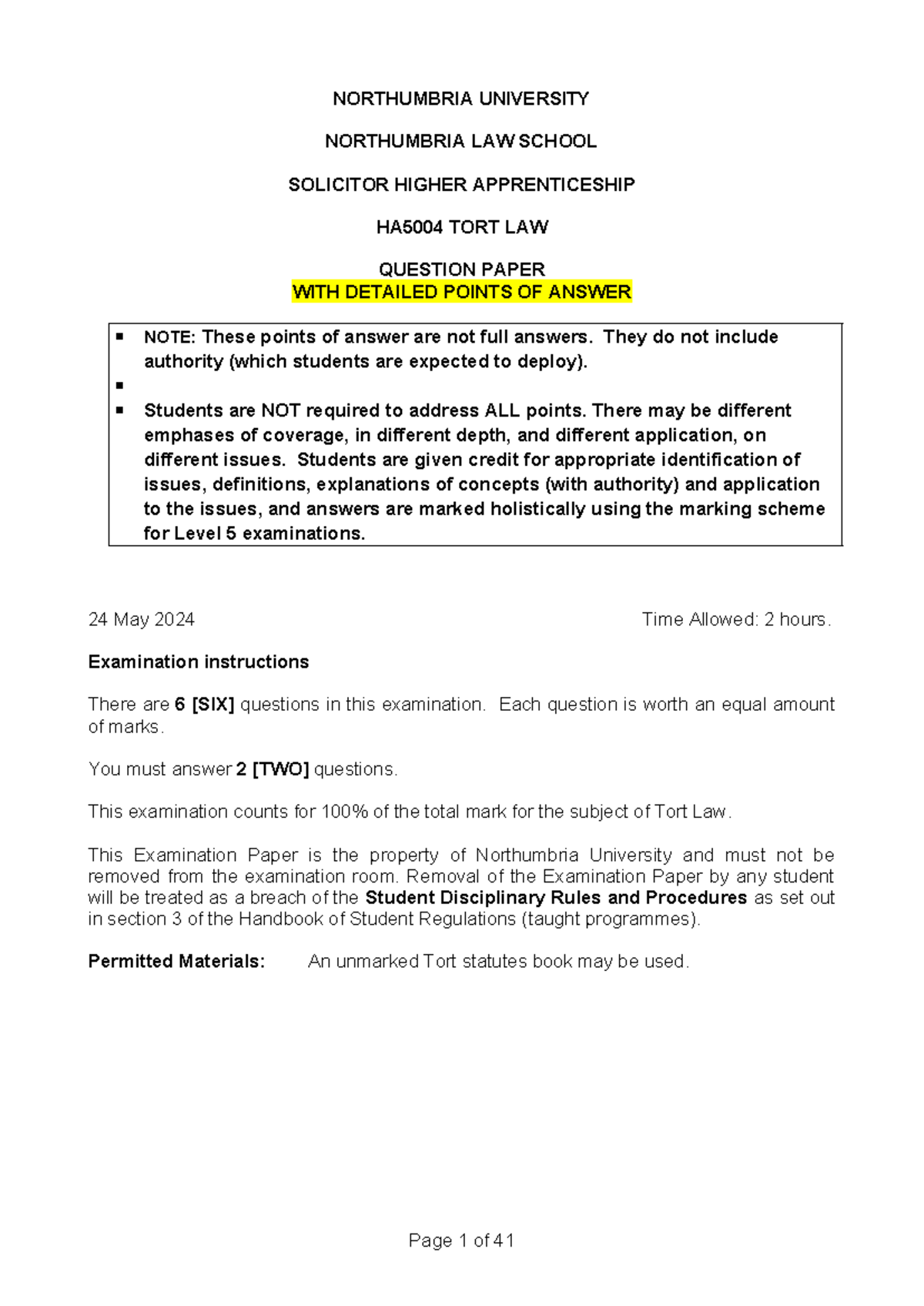 2023-24 HA5004 Tort Law - May Exam Question Paper & Answer Points - Studocu