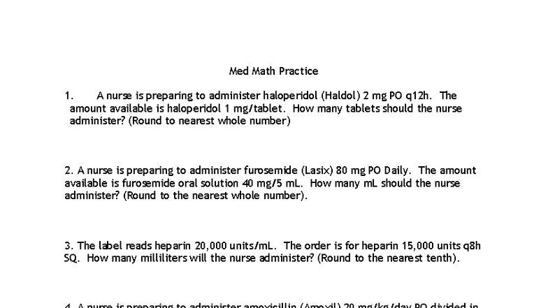 Med Math Practice 1: Preparation for Med Math Exam - Studocu