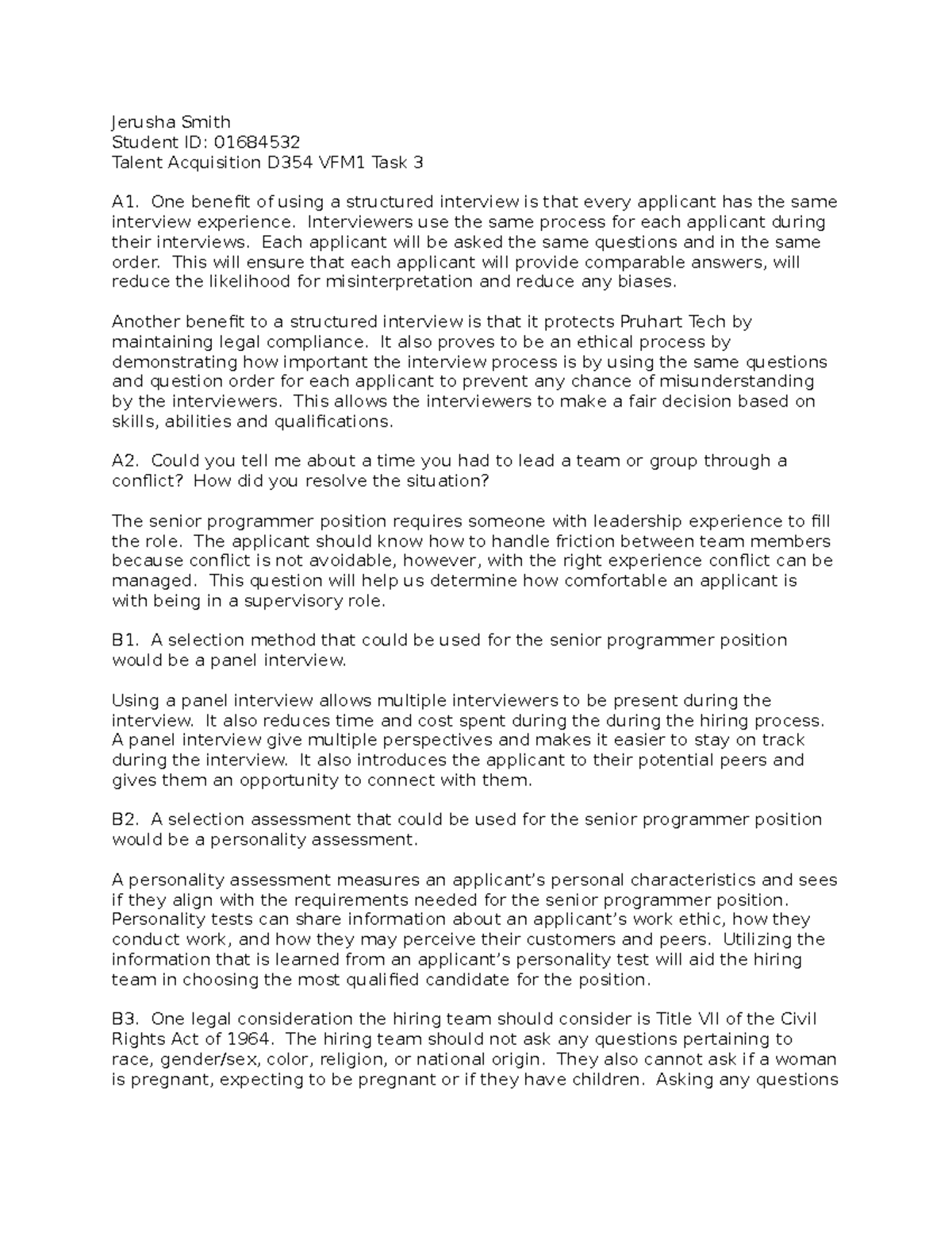 Talent Acquisition D354 VFM1 Task 3: Structured Interviews & Selection ...