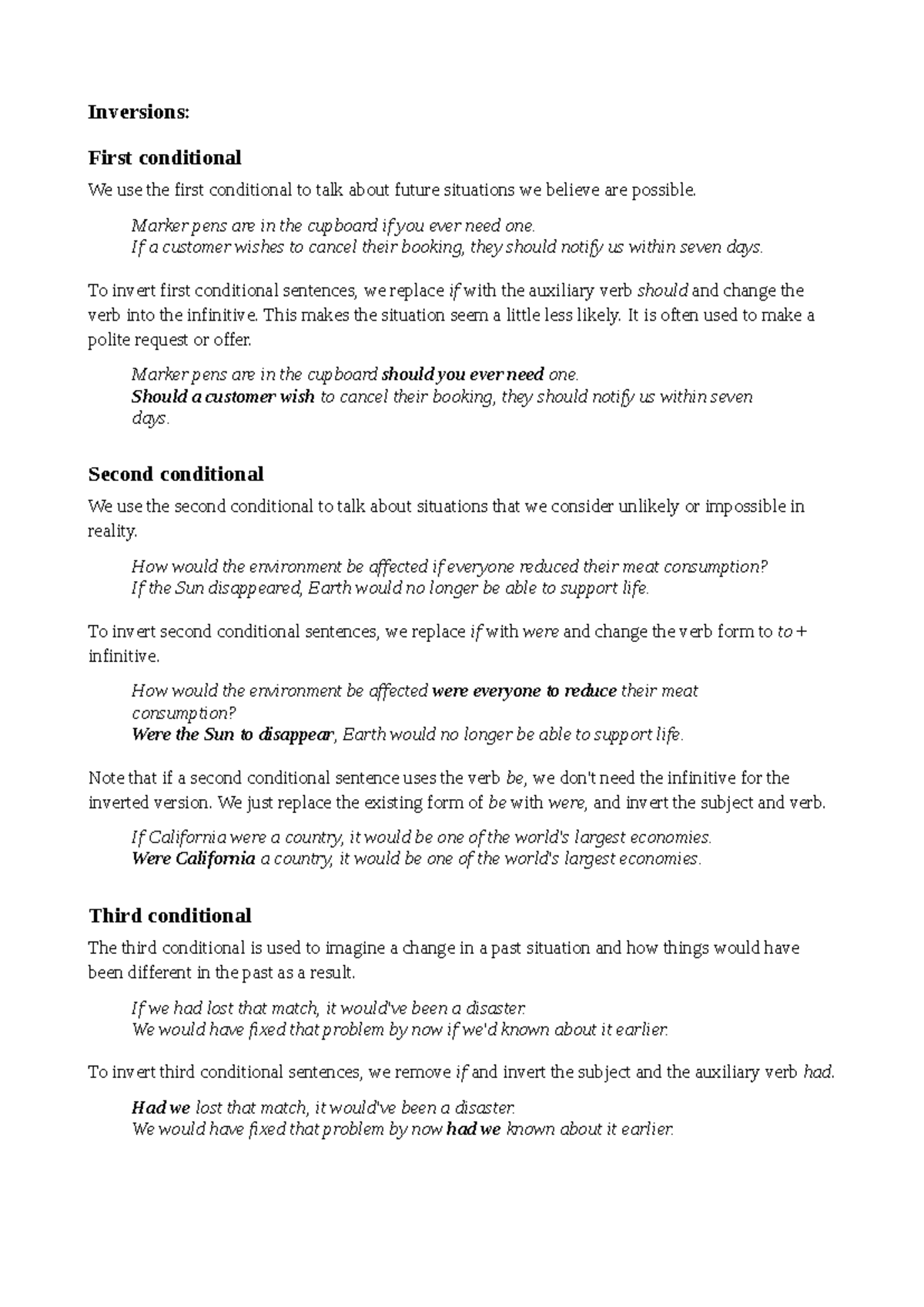 Inversions and Conditionals: Understanding First, Second, and Third Types - Studocu