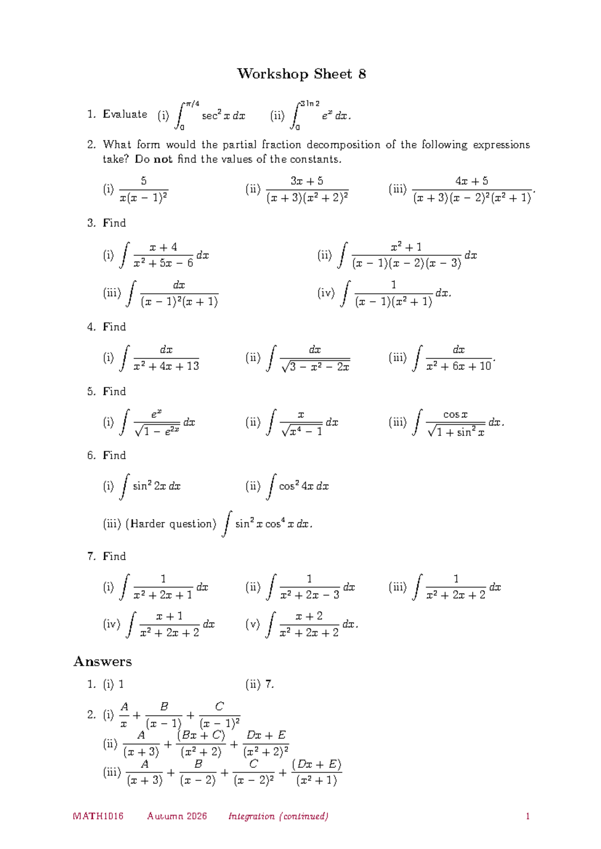 MATH1016 Workshop Sheet 8 - Integration Exercises - Studocu