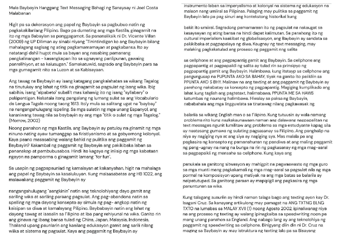 Baybayin at Text Messaging: Isang Pagsusuri sa Kahalagahan ng Baybayin sa - Studocu