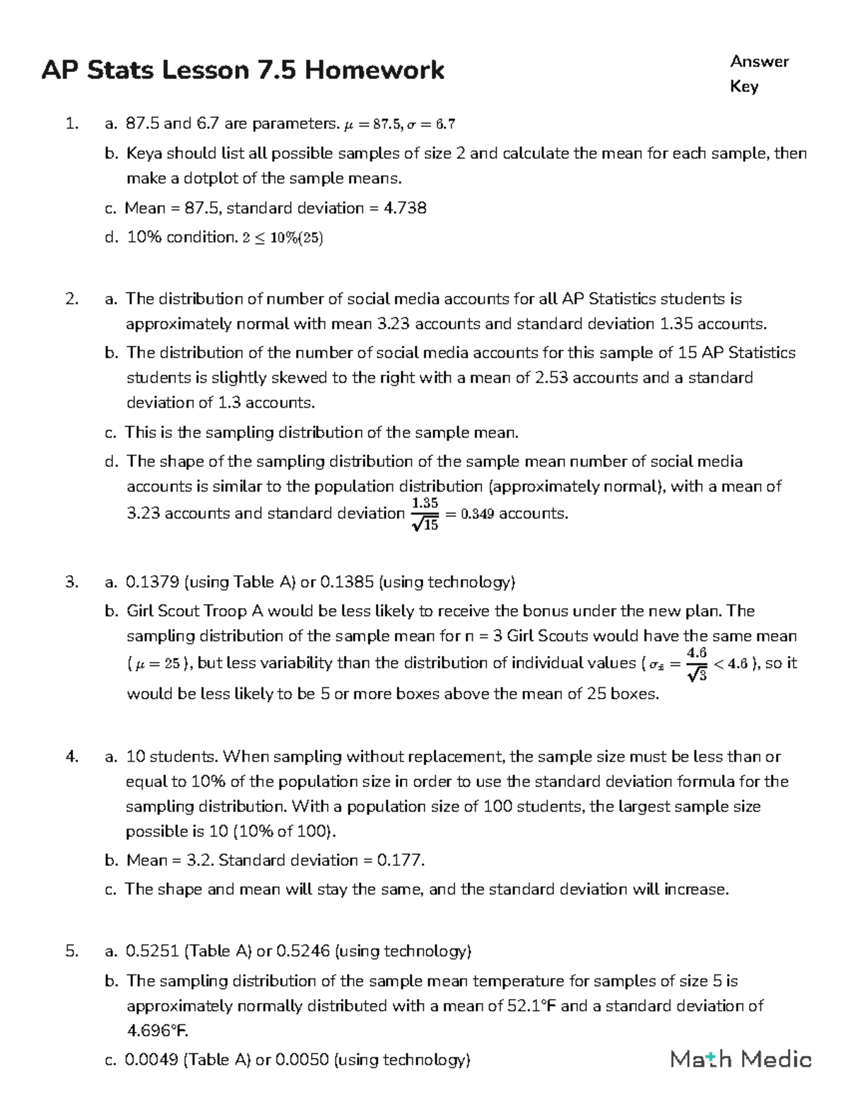 AP Stats 7.5 Homework 1 Answer Key and Solutions - Studocu