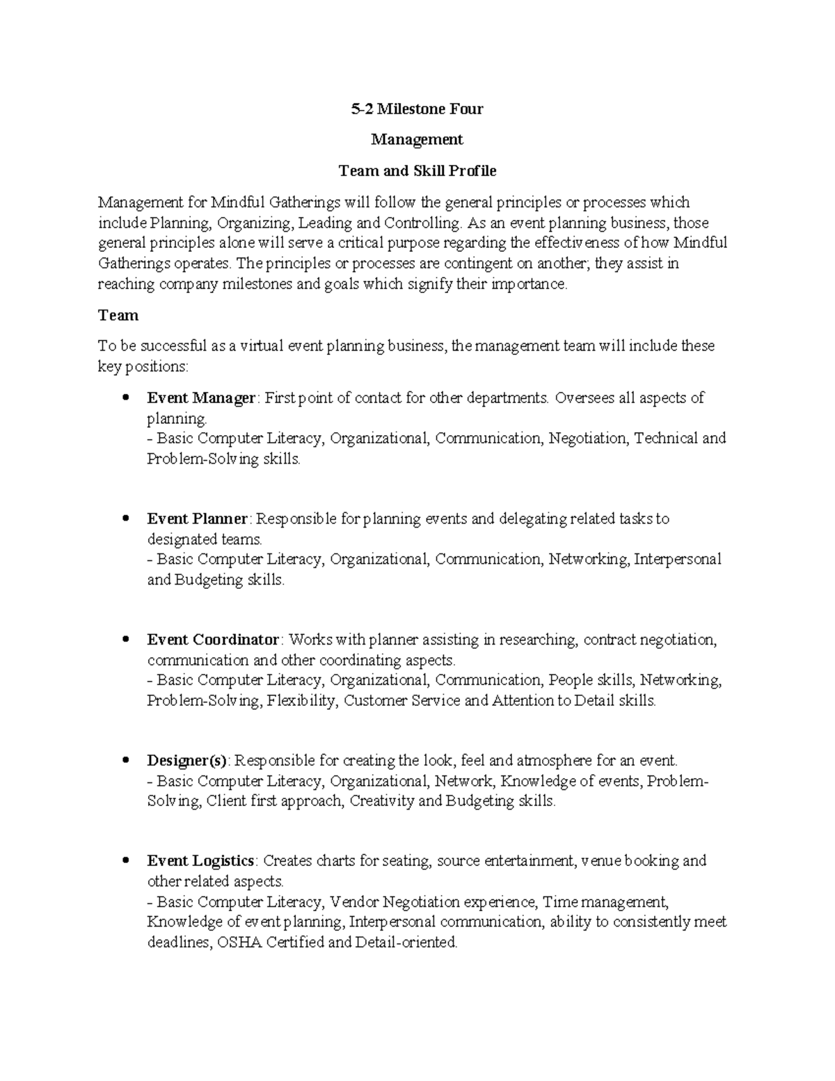OL 321 Module 5 Milestone 4: Management Team & Skill Profile - Studocu