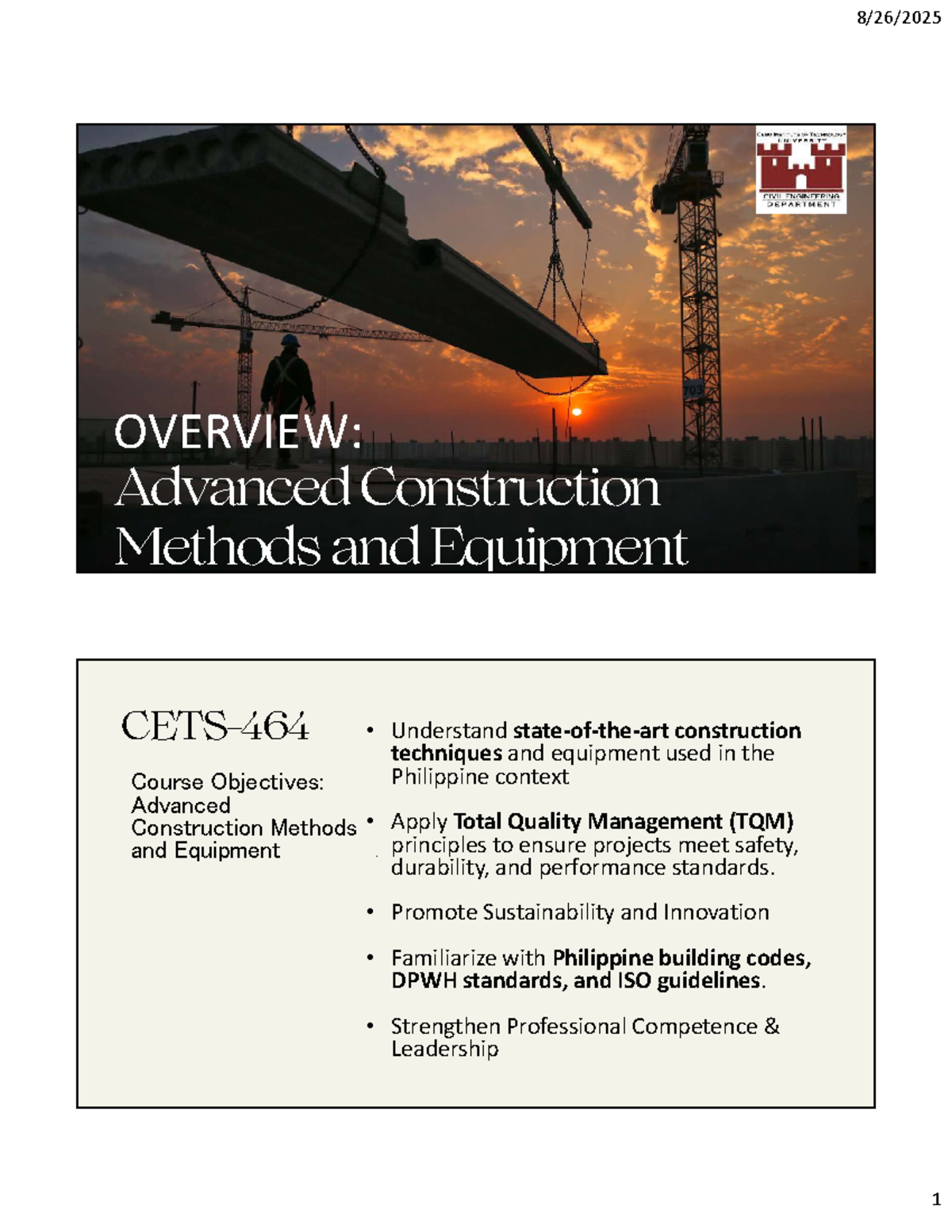 TQM in Advanced Construction Methods: A Philippine Perspective - Studocu