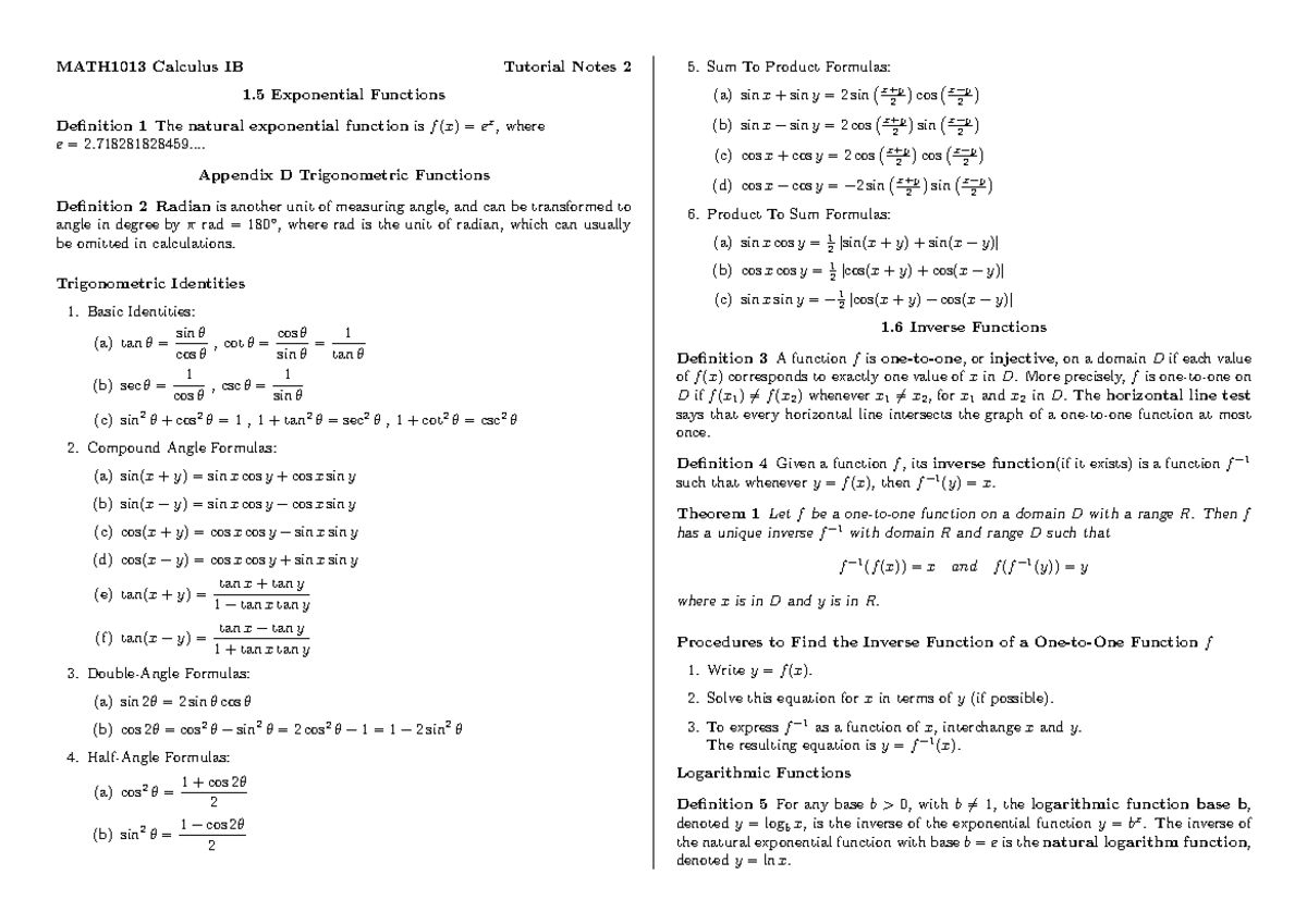 TN02 - Dave Au - MATH1013 Calculus IB Tutorial Notes 2 1 Exponential ...