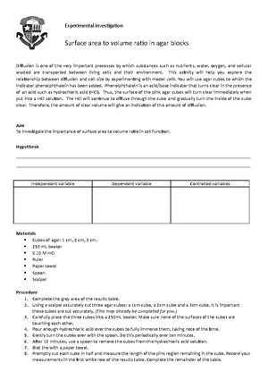 Effect of surface area to volume ratio on the rate of diffusion of agar ...
