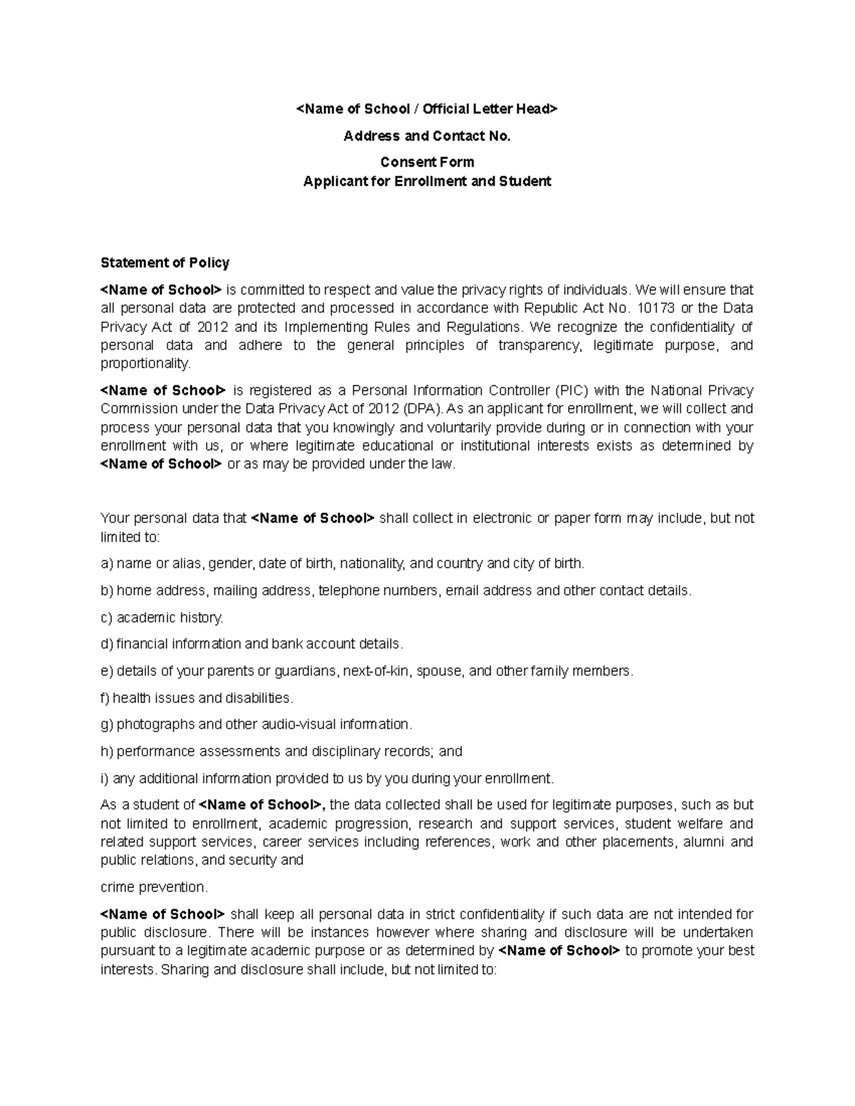 DATA Privacy Consent FORM for Student Enrollment at - Studocu