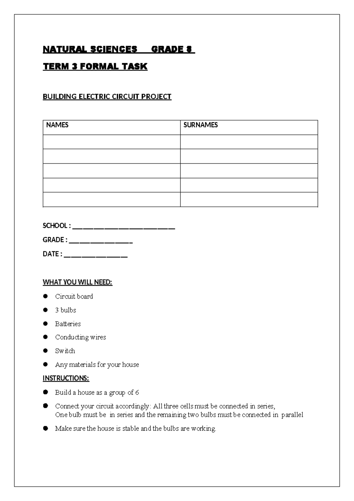 Natural Sciences Grade 8 Term 3 Electric Circuit Project - Studocu