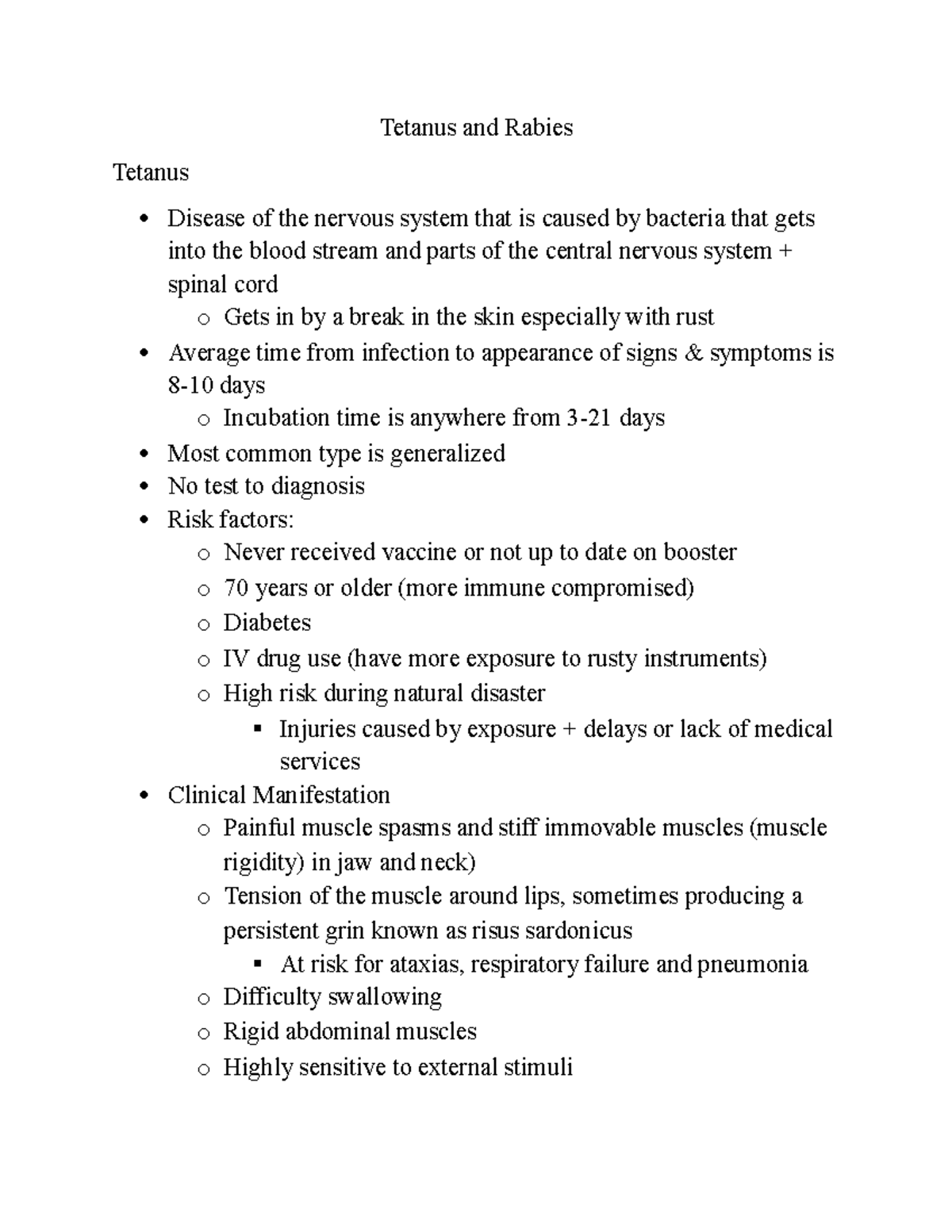 Tetanus and Rabies - Module C Lecture Notes on Nervous System Diseases ...