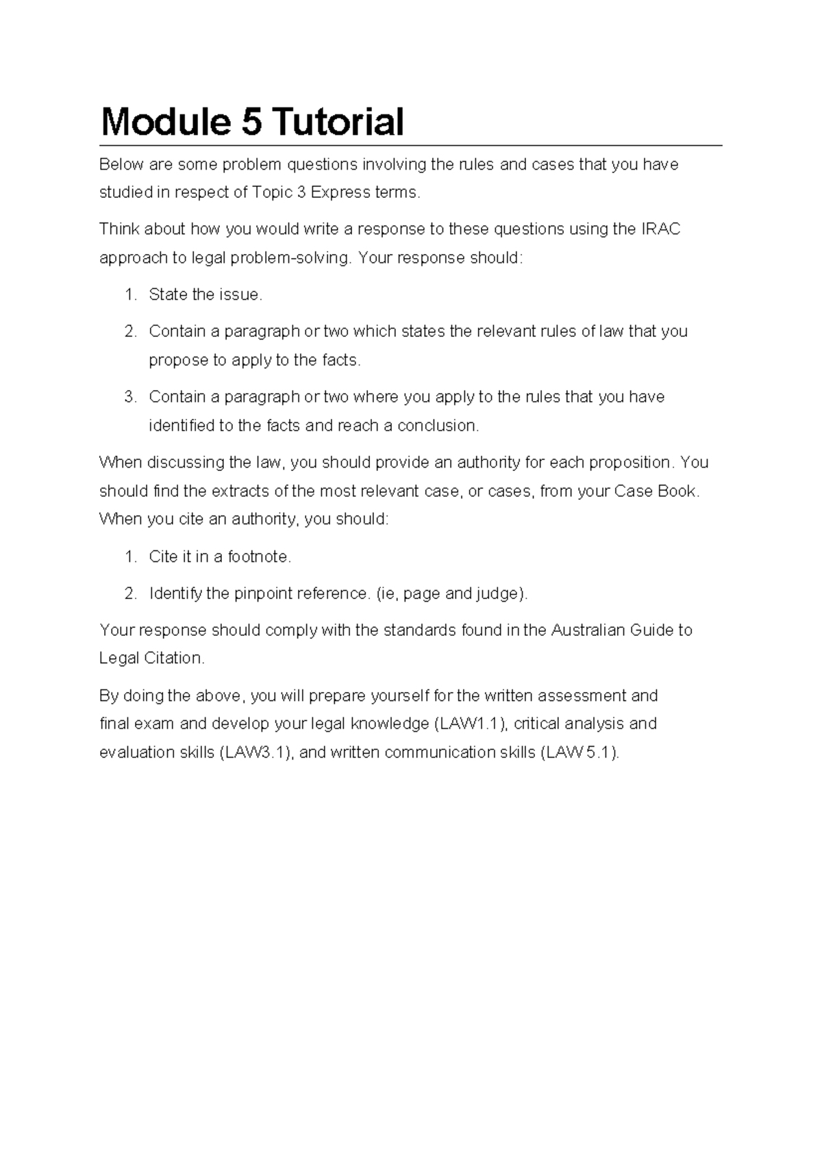 Module 5 Tutorial Questions: Express Terms & Legal Analysis - Studocu