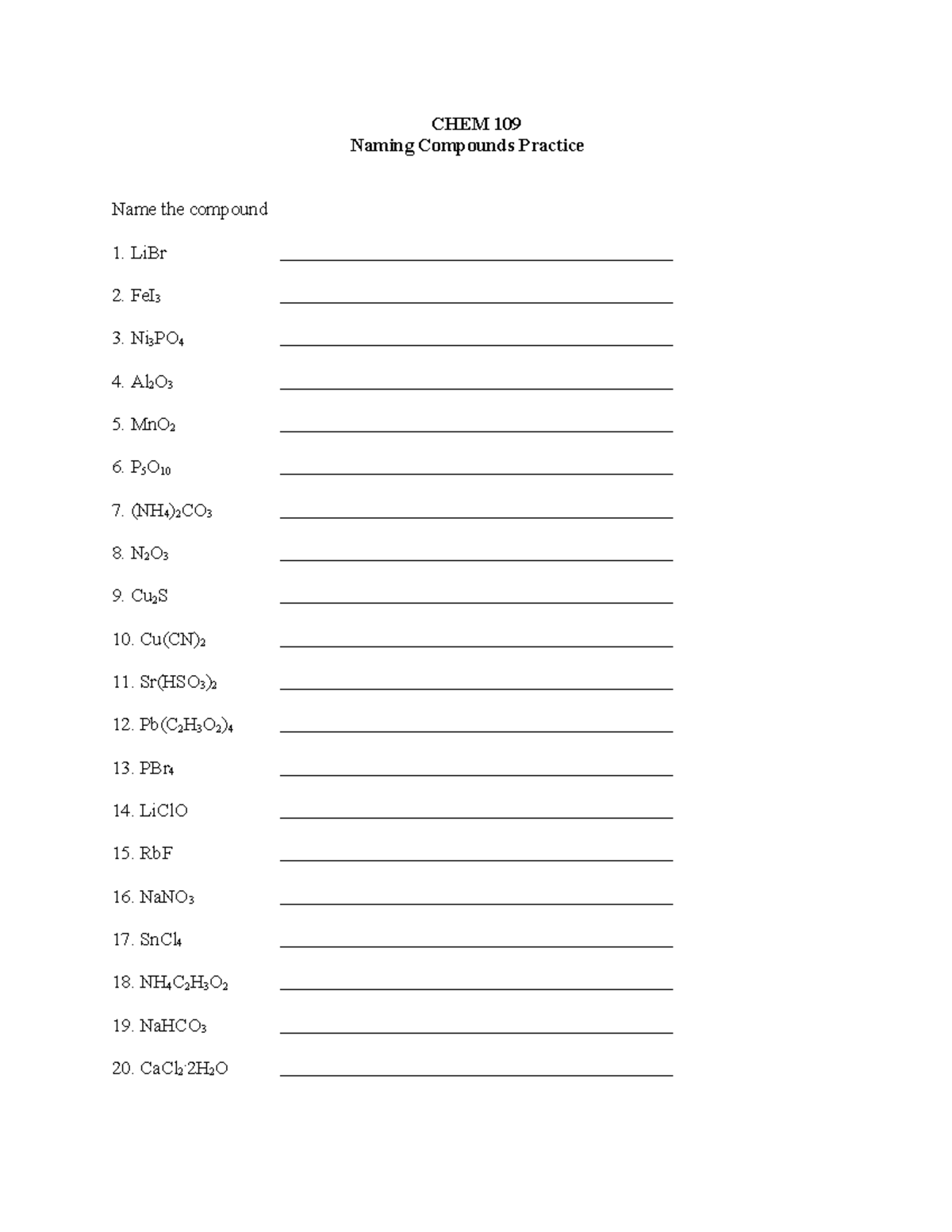 CHEM 109 Naming Compounds Practice Quiz & Formula Worksheet - Studocu