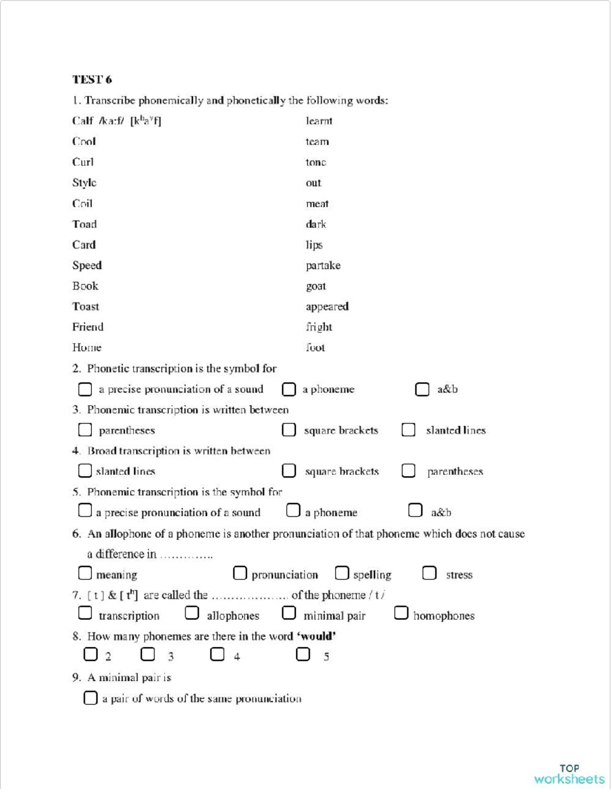 Phonological Exercise Worksheet - Phonemes and Transcriptions - Studocu