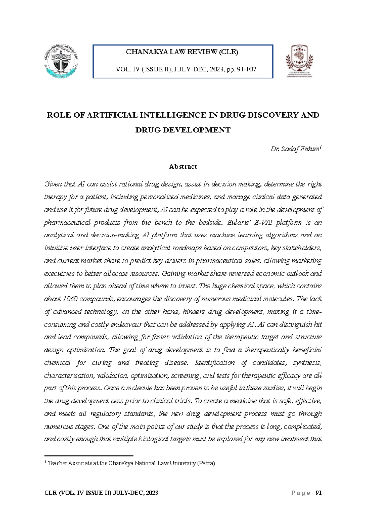 CLR (VOL. IV ISSUE II) 2023: AI's Impact on Drug Discovery ...
