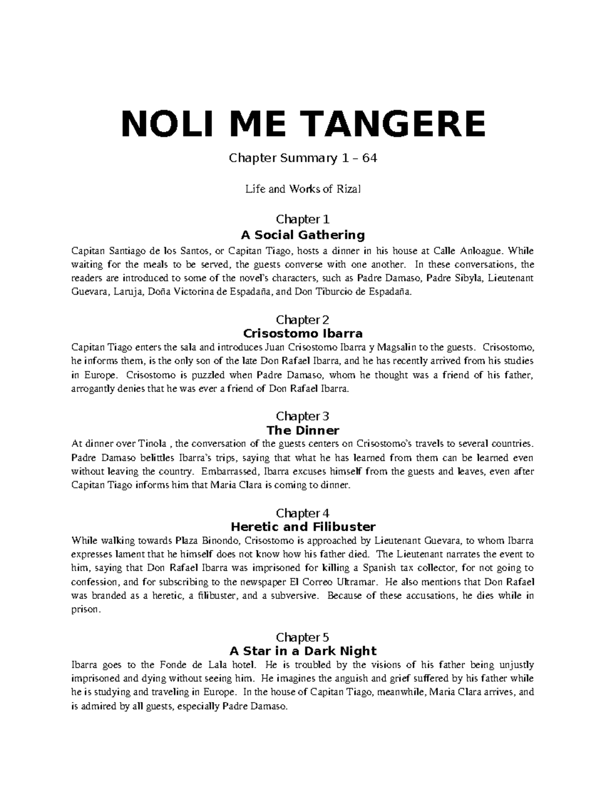 NOLI ME TANGERE (LIFE & WORKS OF RIZAL) Chapter Summaries 1-64 - Studocu