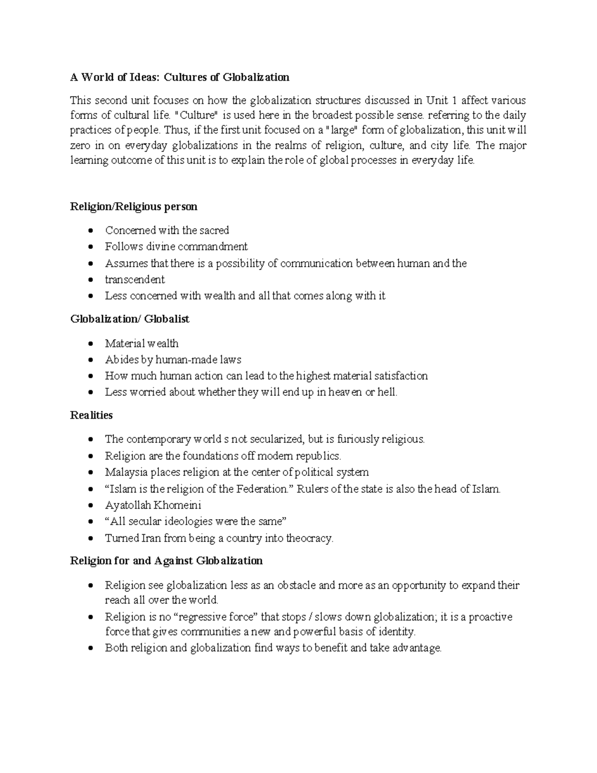 UNIT 2: Cultures of Globalization and Religion's Role in Modern Life ...